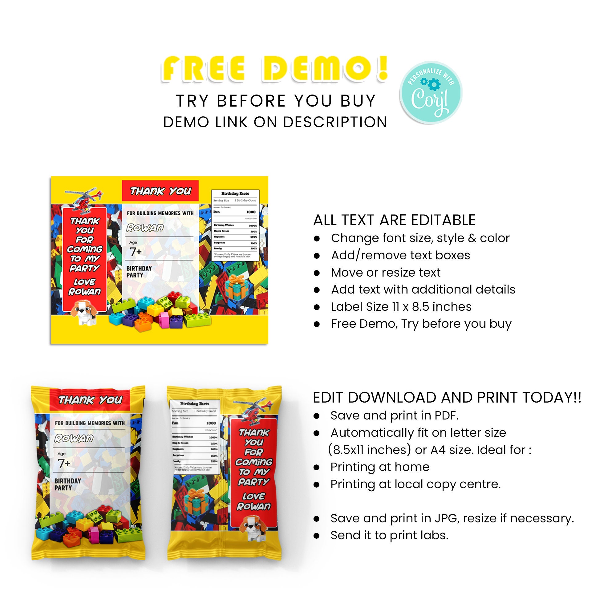 Building Blocks Chip Bag Label | Bricks Birthday Party (printable Corjl ...