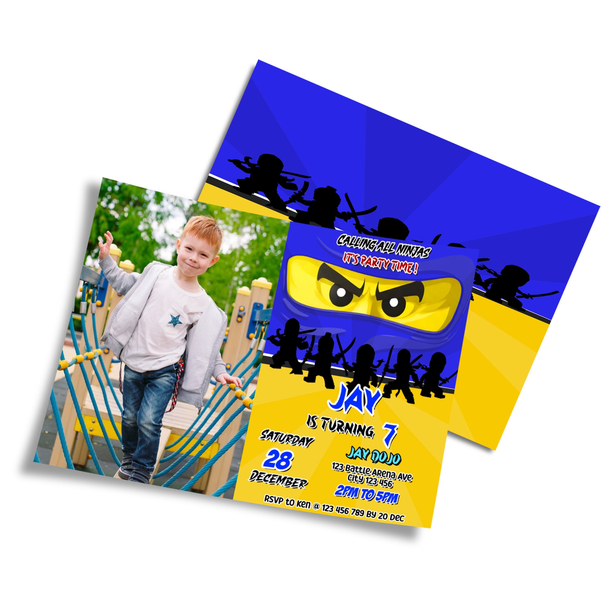 Jay Ninjago Birthday Invitations LEGO NINJAGO Minifigure Plush Jay