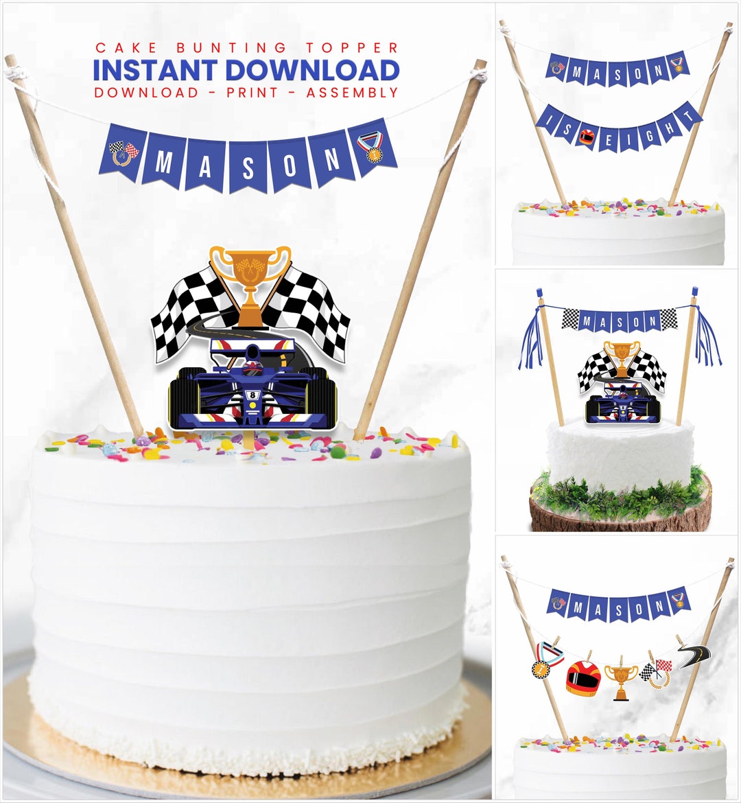 Personalized Race Car Cake Banner | Slot Racing Car Cake Topper | Blue ...