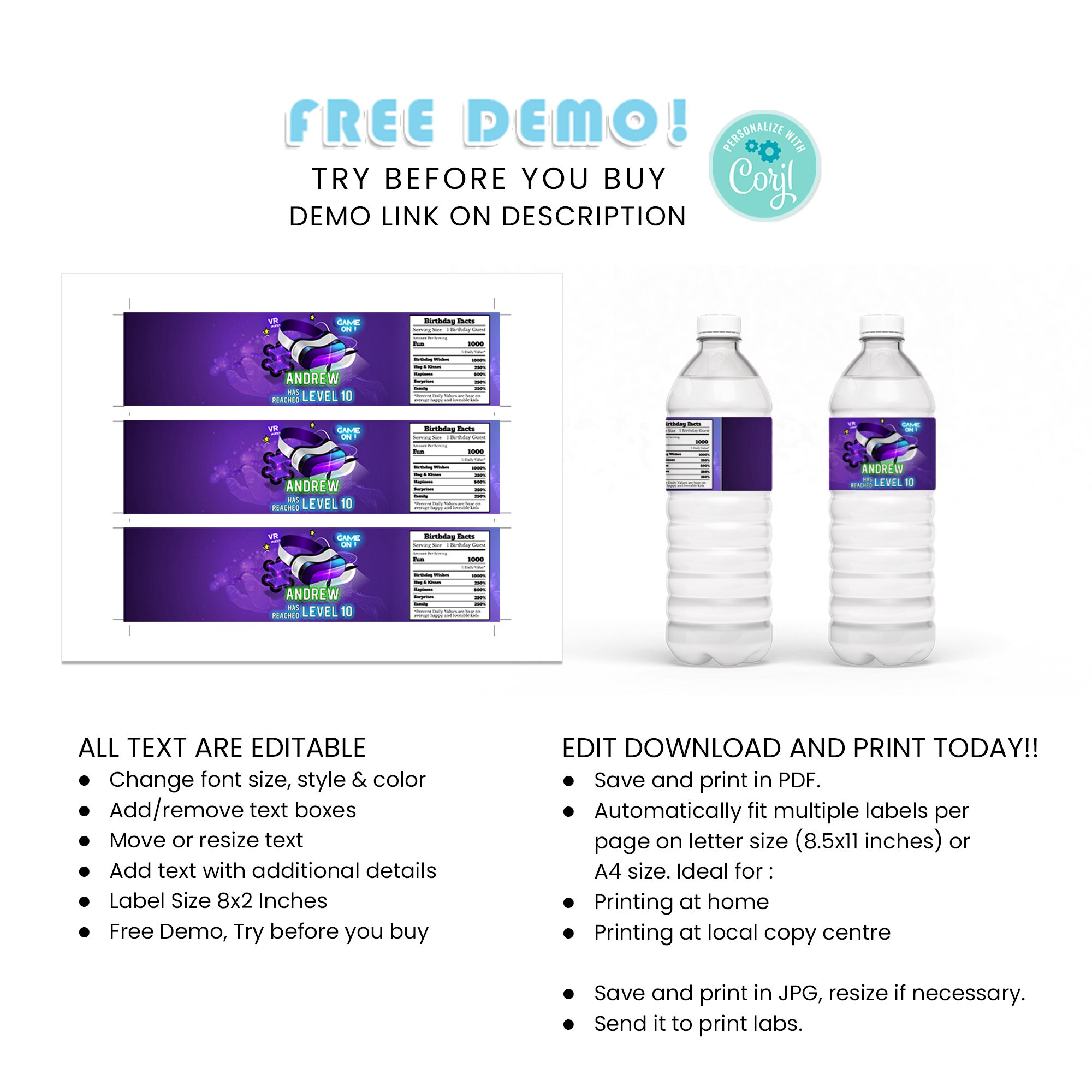 Virtual Reality Birthday Bottle Label | VR Headset Party (printable ...