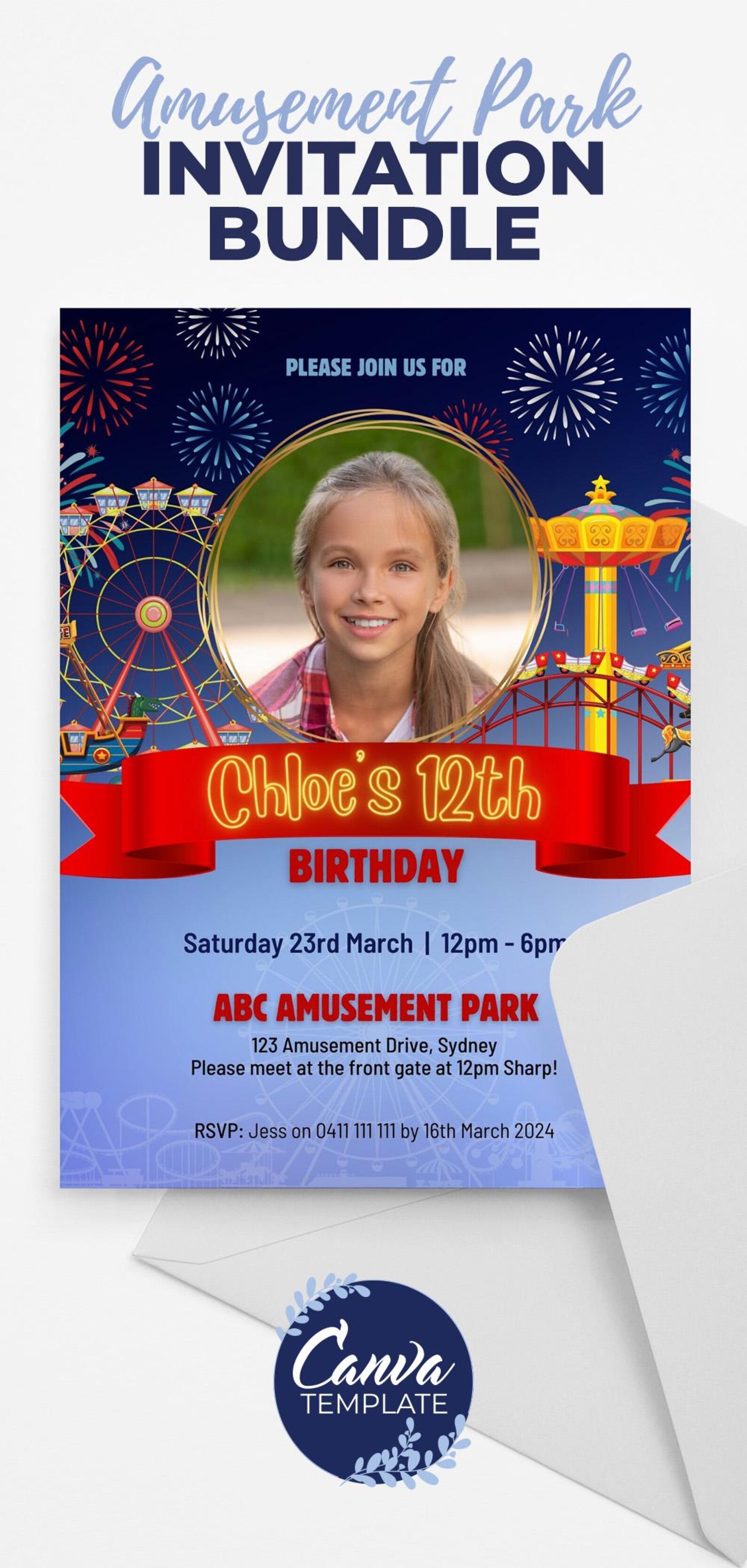Amusement Park Birthday Invitation: Teen Carnival Party Bundle (canva ...