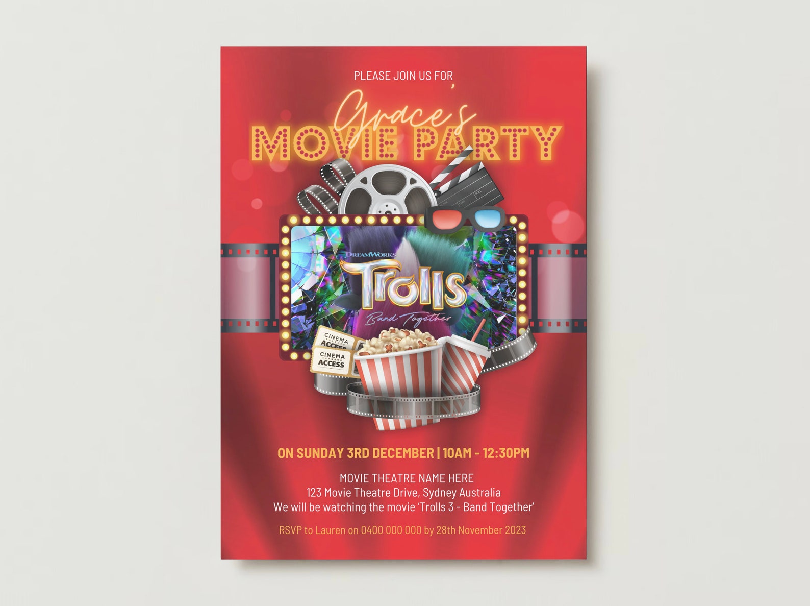 Movie Party Birthday Invitation Movie Poster Cinema Birthday Invite ...