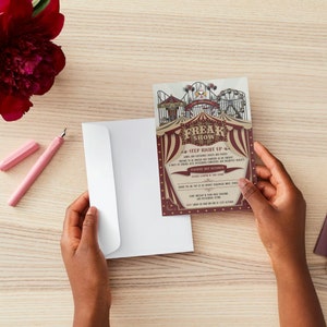 Freakshow Vintage Halloween Party Invitation With Thank You Tag Freak ...