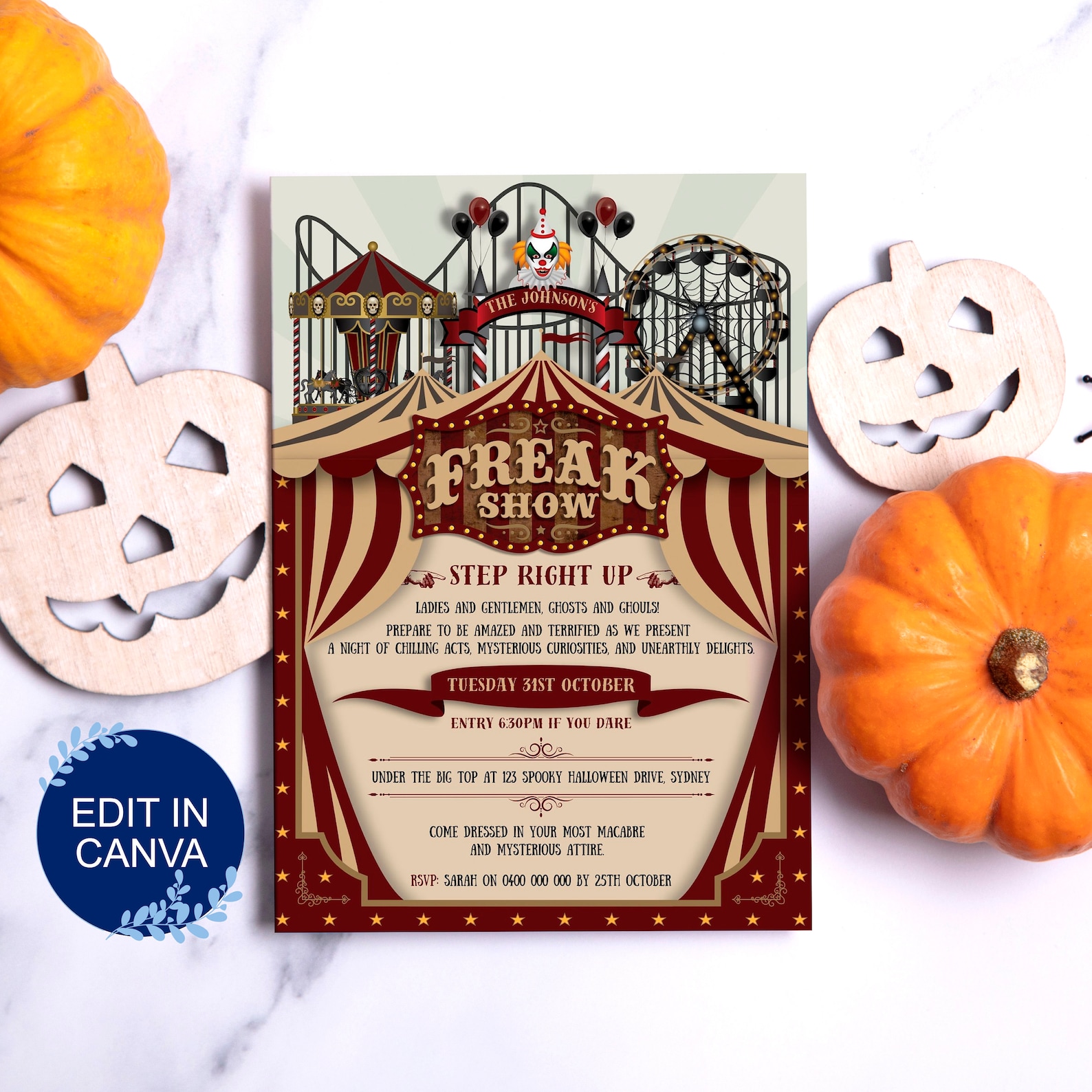 Freakshow Vintage Halloween Party Invitation With Thank You Tag Freak ...