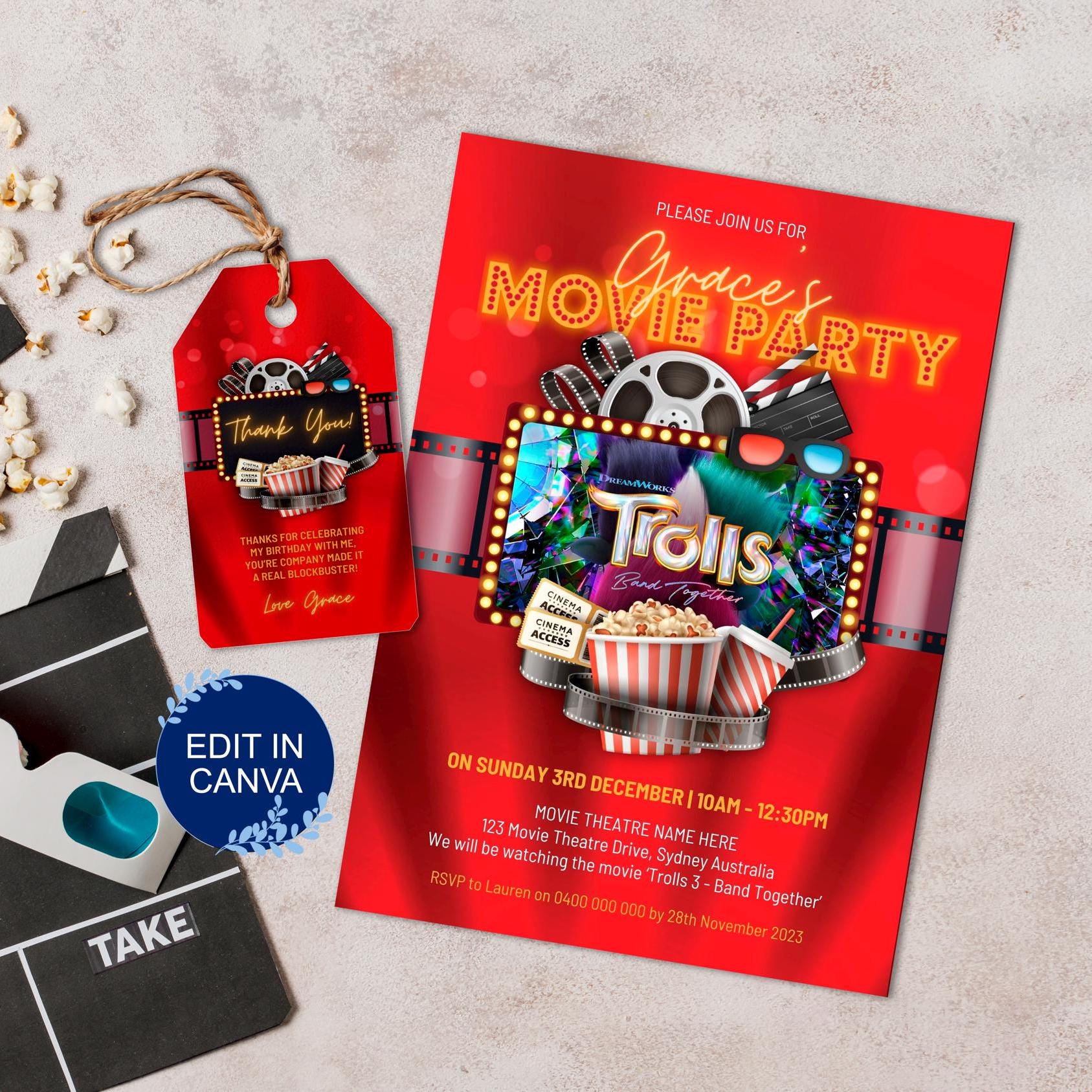 Movie Night Party Invitation Cinema Birthday, Film Decor (canva ...