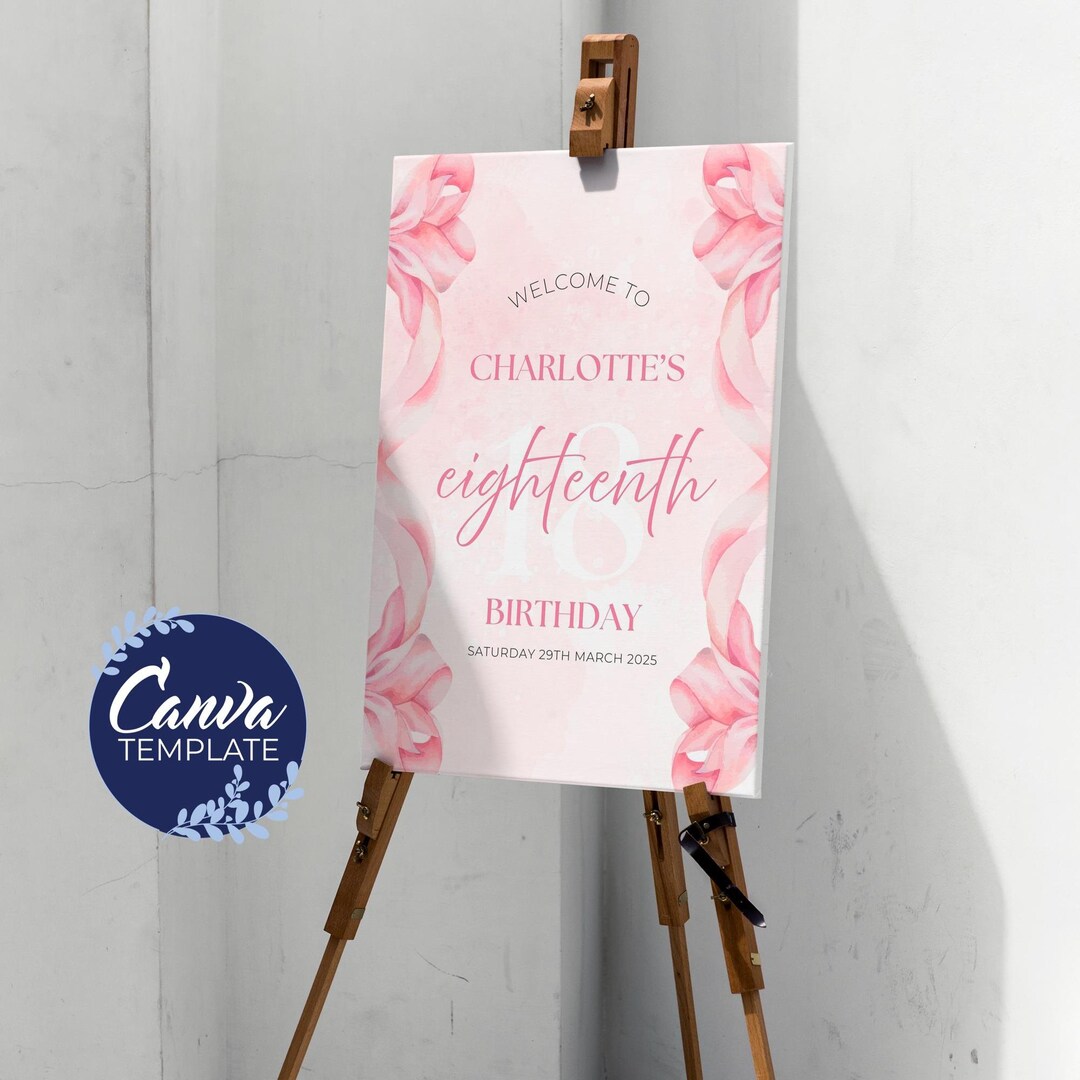 Pink Coquette Birthday Welcome Sign: Custom Bow Poster (canva Template ...