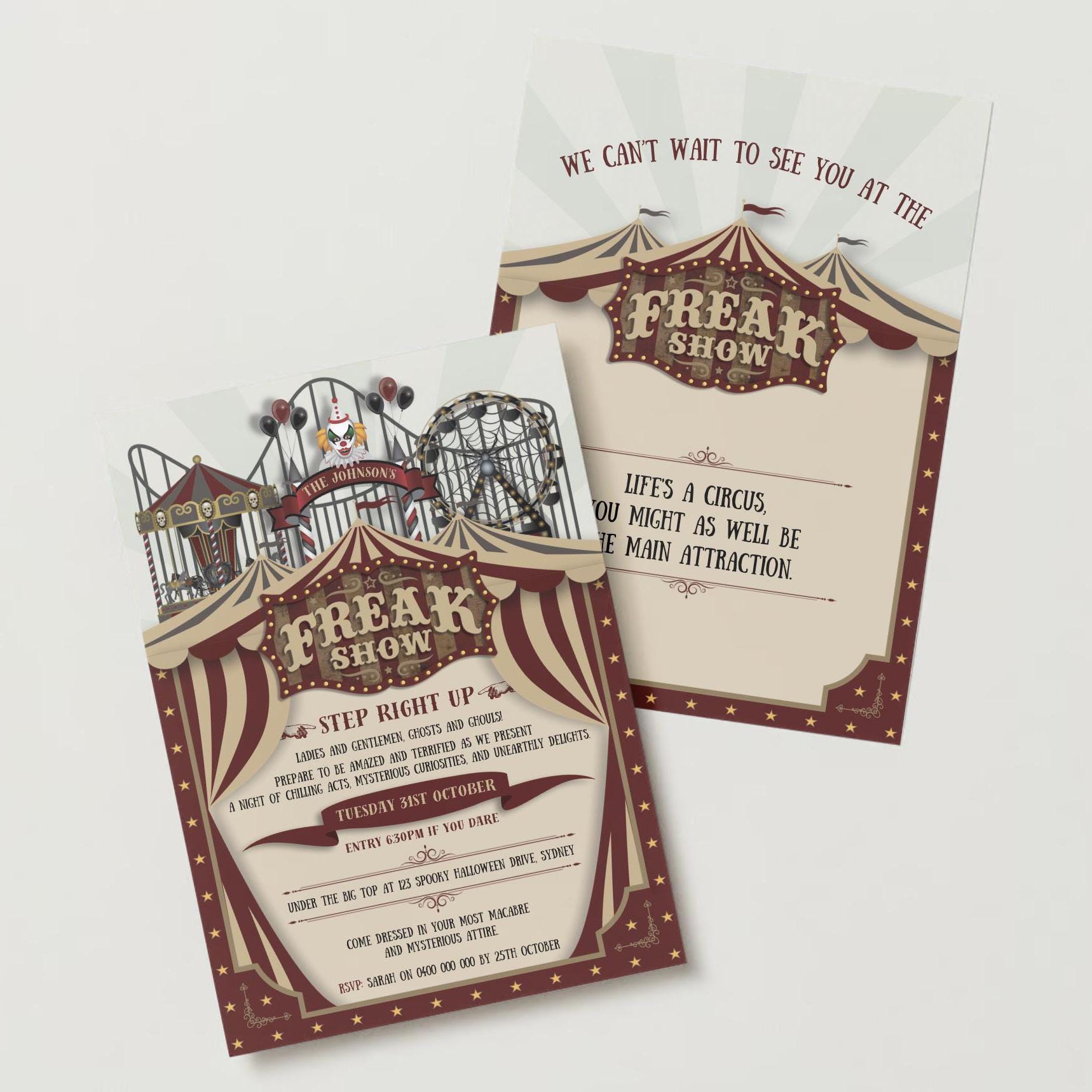 Freakshow Vintage Halloween Party Invitation With Thank You Tag Freak ...