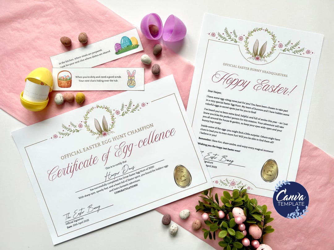 Easter Bunny Pink Printable Letter & Certificate Bundle Scavenger Hunt ...