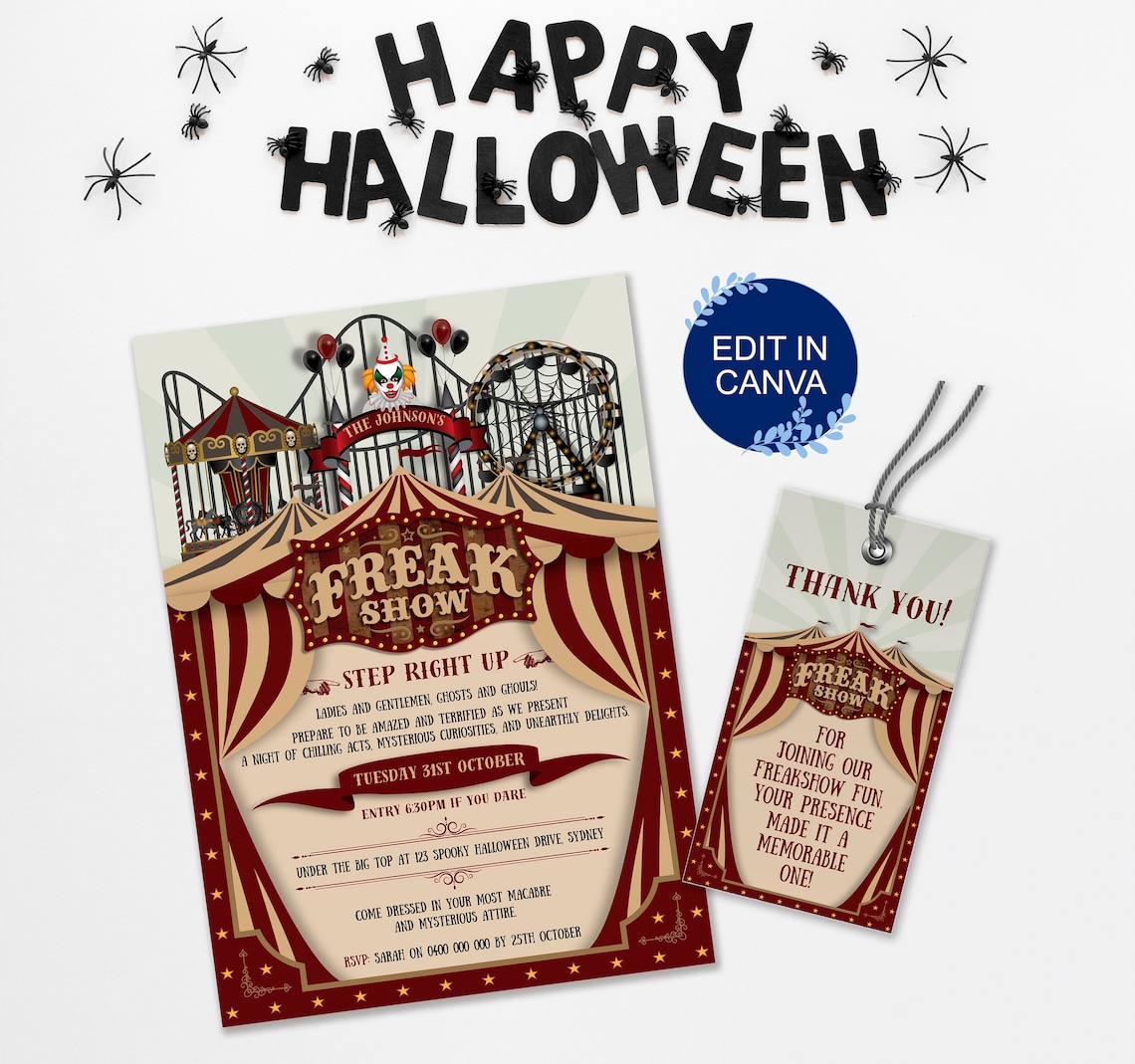 Freakshow Vintage Halloween Party Invitation With Thank You Tag Freak ...