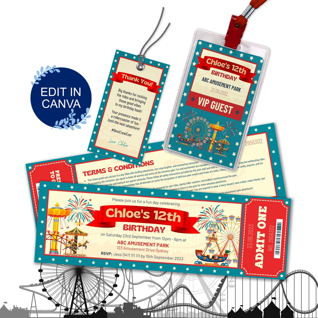 Amusement Park Kids Birthday Party Vintage Ticket Invitation Carnival ...