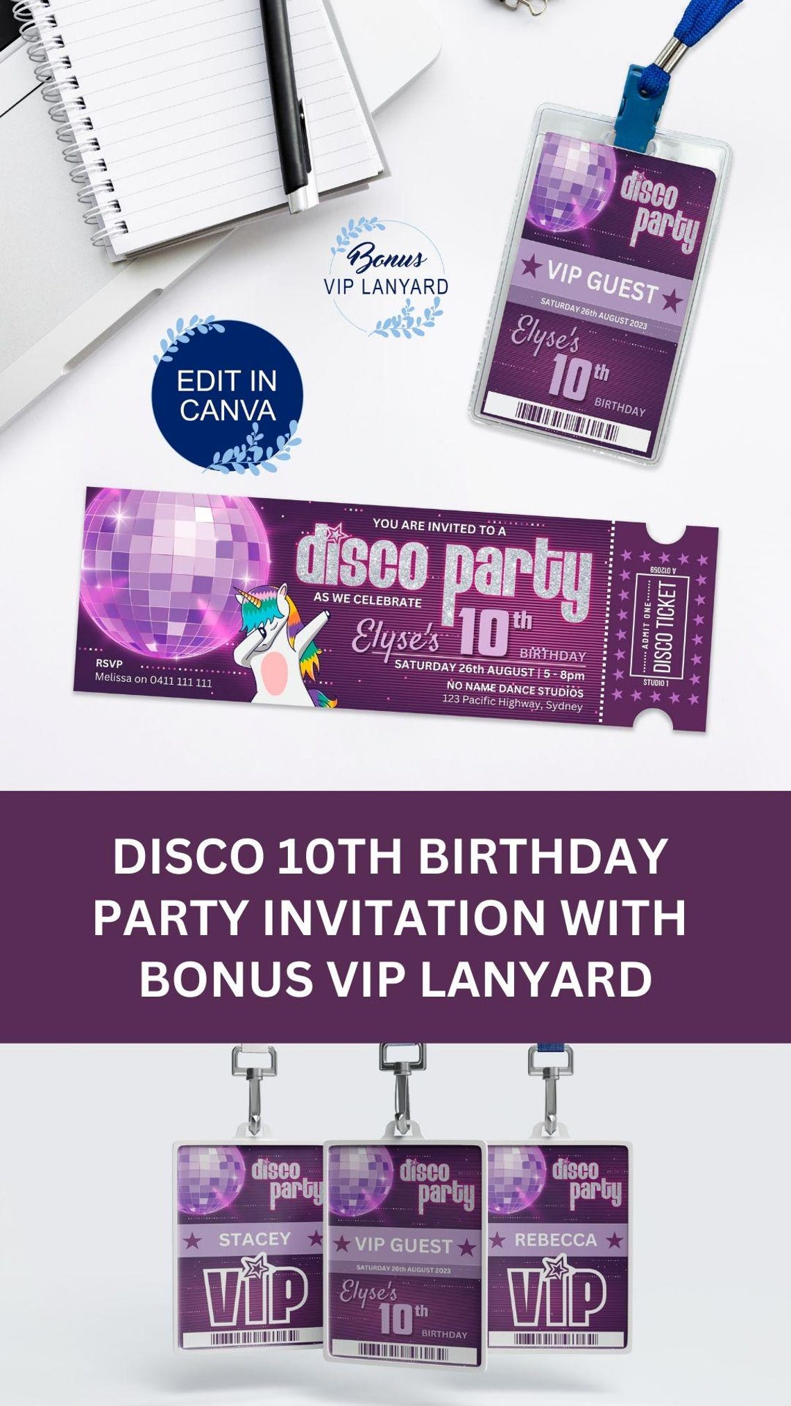 Disco Party Ticket Invitation Bundle Printable Birthday Set (canva ...