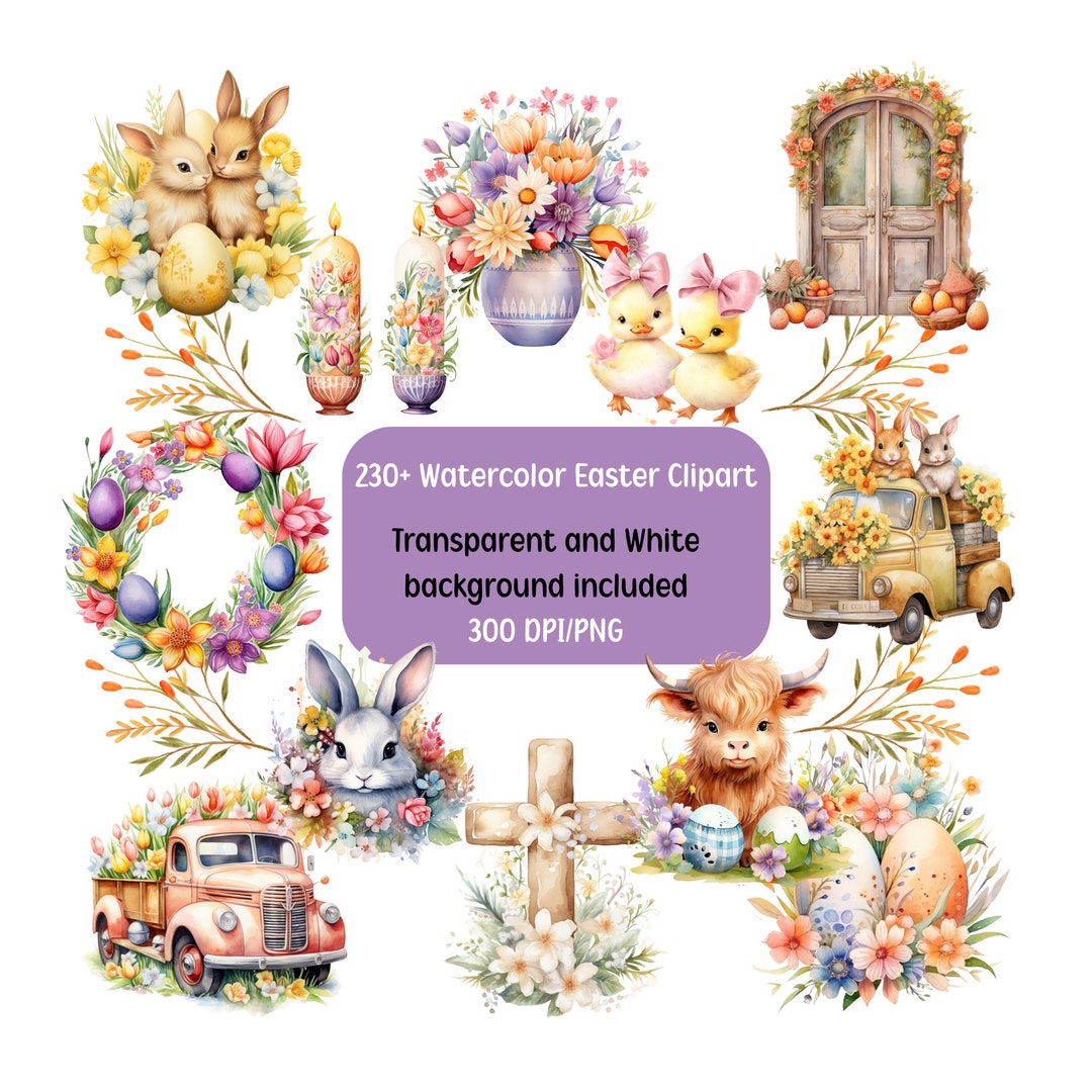 Watercolor Easter Clipart Bundle Easter Baskets, Easter Bunnies, Easter ...