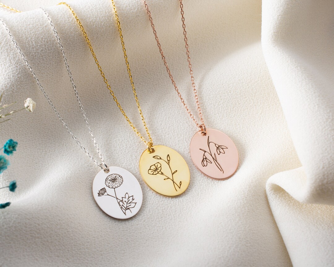 Personalized Birth Flower Necklace , Birth Flower 925 Solid REAL SILVER ...