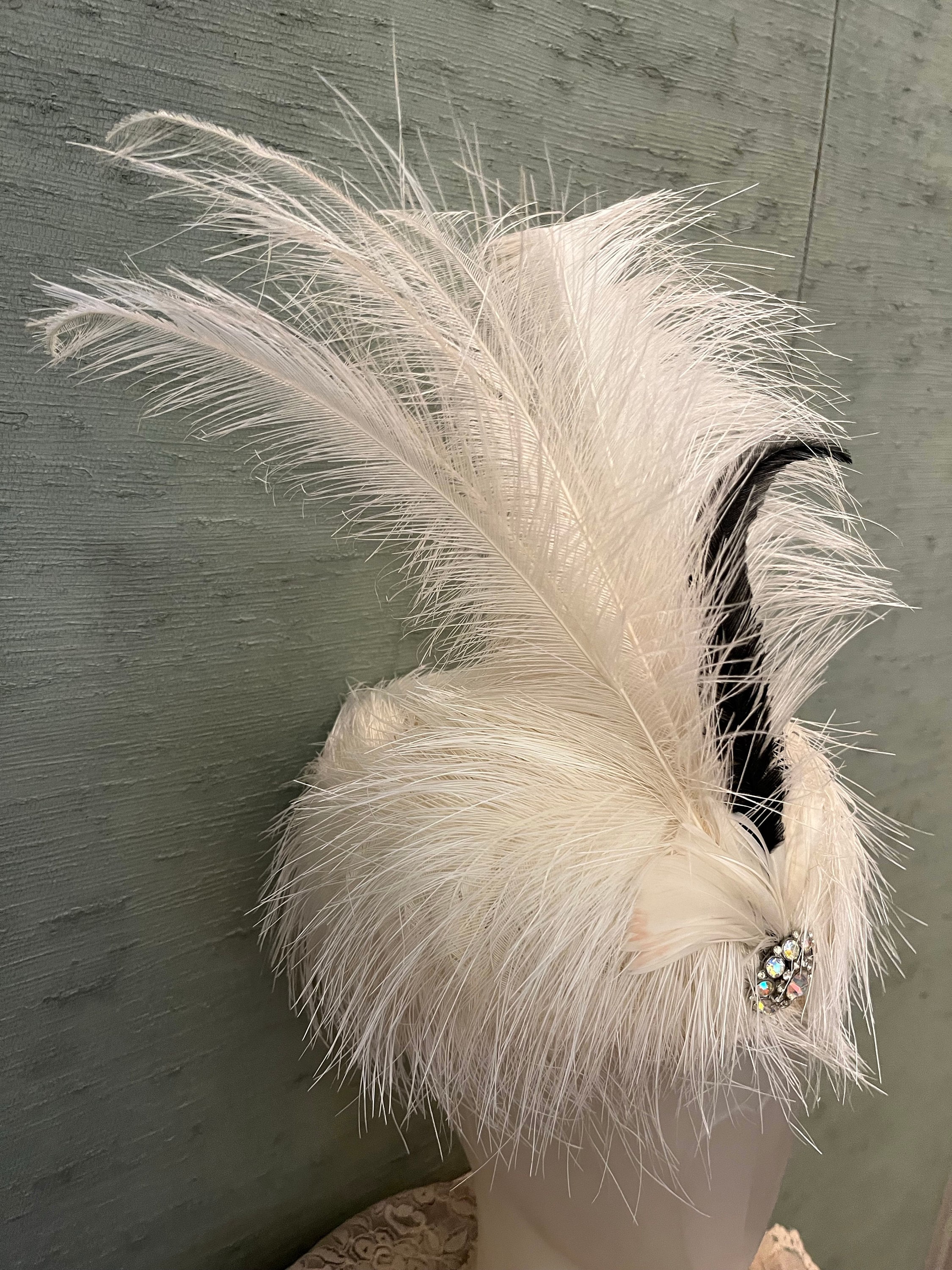 1920 Aigrette Feathered Hat, White and Black Feathers Rhinestone Pin ...