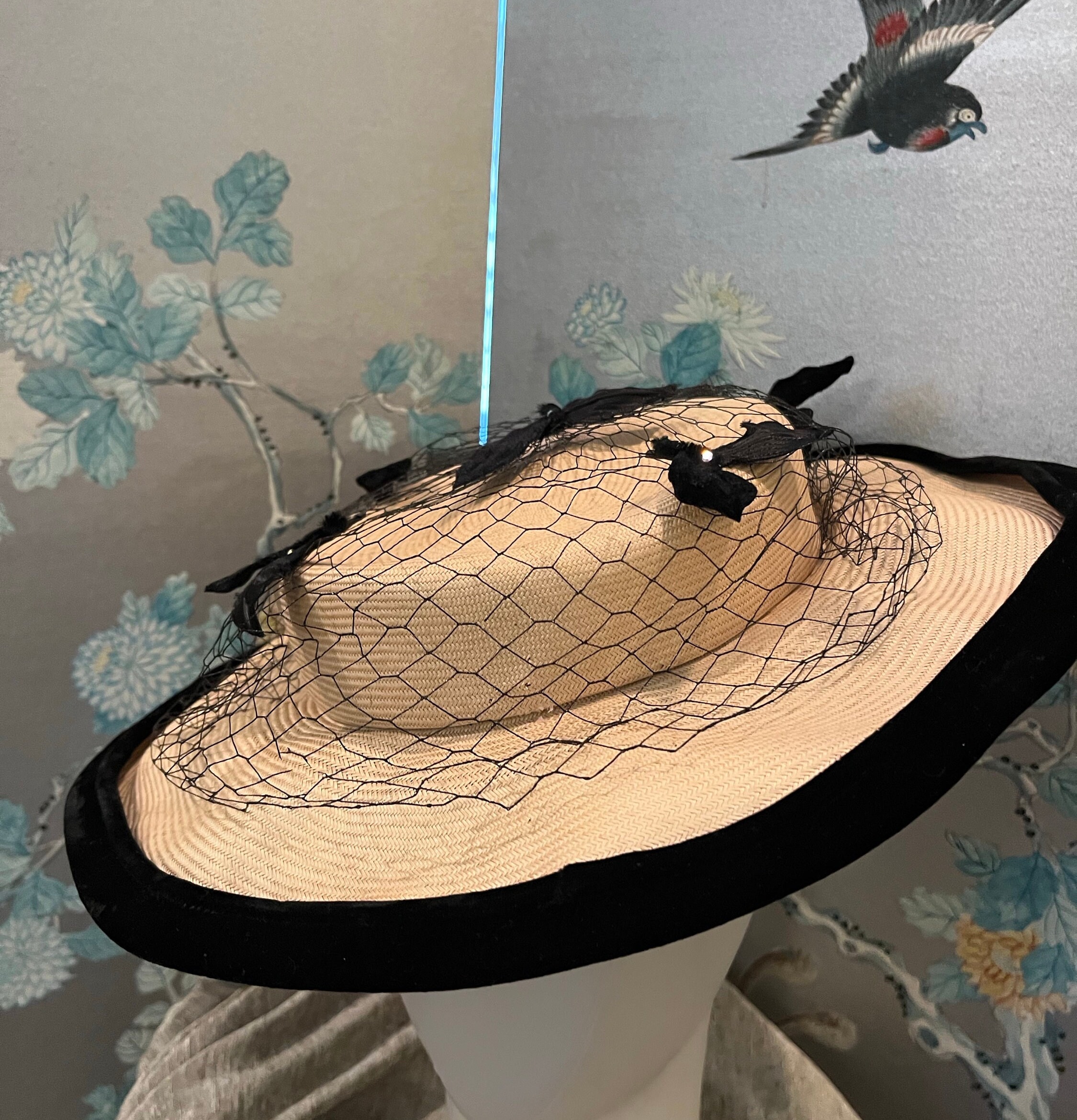 1940 Fascinator, Wide Brimmed, Straw and Black Velvet, Netting - Etsy