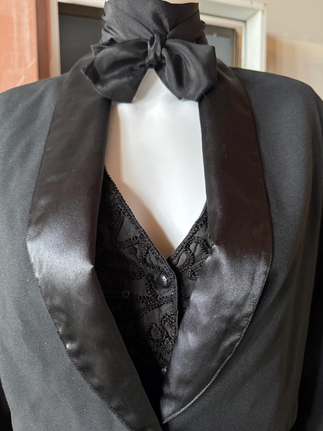 Tux Lady, Black Tux With Crop Jacket and Sequined Vest, Silk, Sash, Bow ...