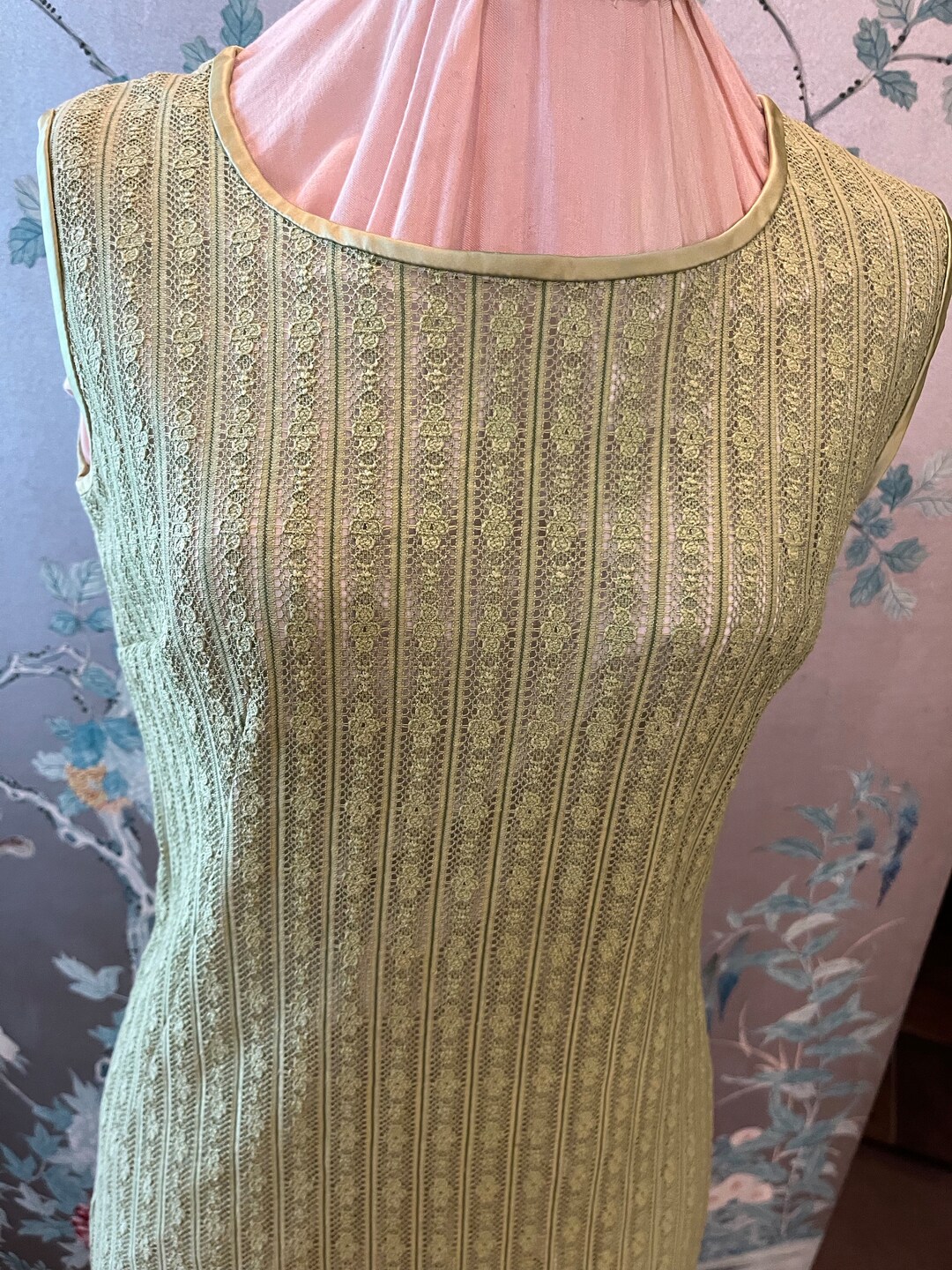 60’s Lime Green Cotton Lace Sheathe Dress With Satin Trim, Sleeveless ...