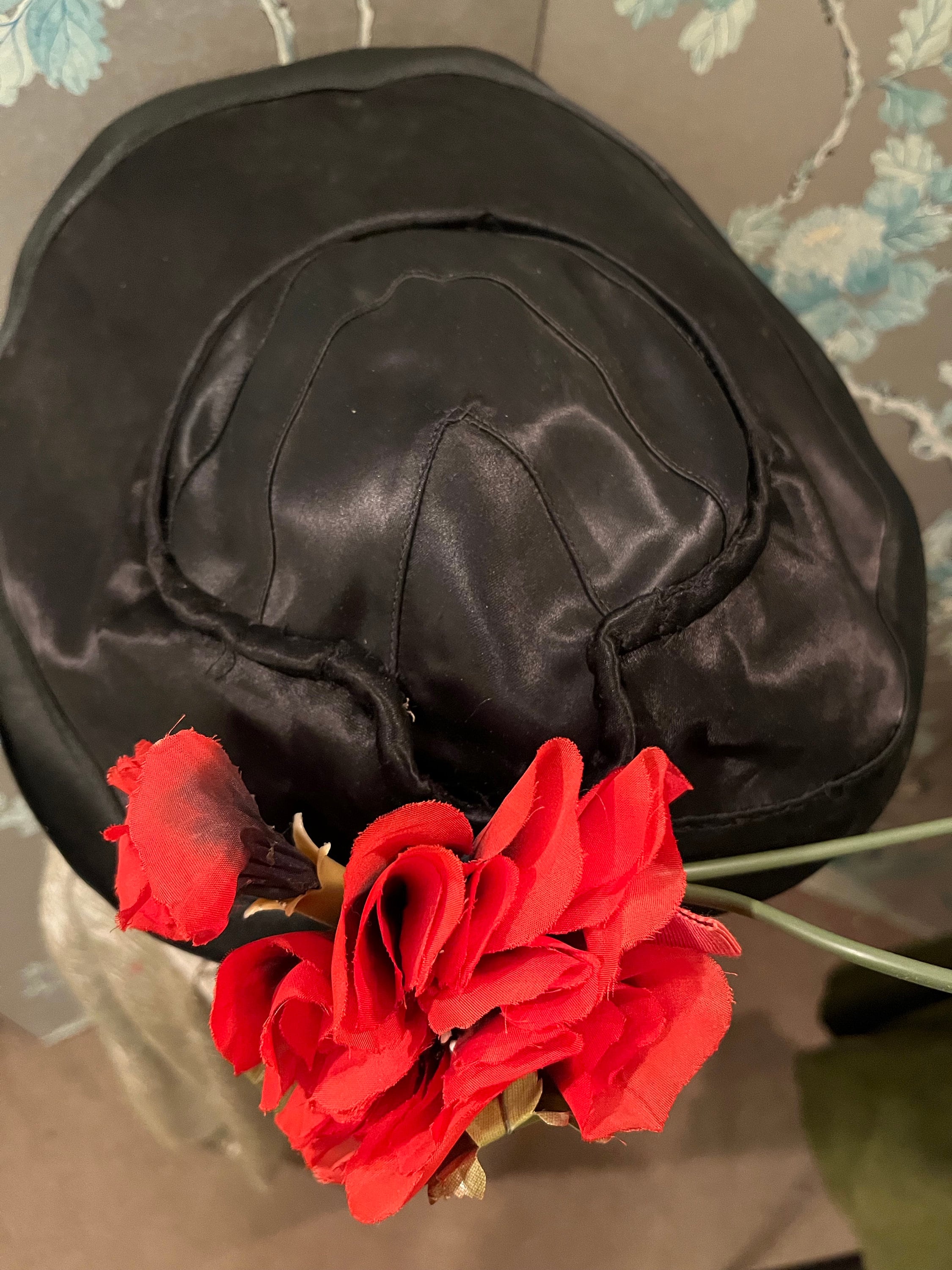 1940 Pagoda Style, Wide Brimmed, Black Satin Hat With Red Silk Flowers ...