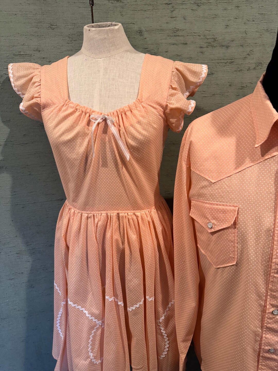 50’s Square Dance Set, Man’s Shirt, Woman’s Dress, Peach Pock-a-dot ...