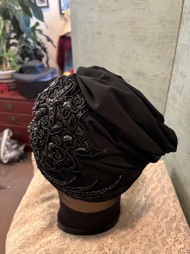 1990 Turban, Open Crown Hat With Sequin and Bead Decoration, Spandex ...