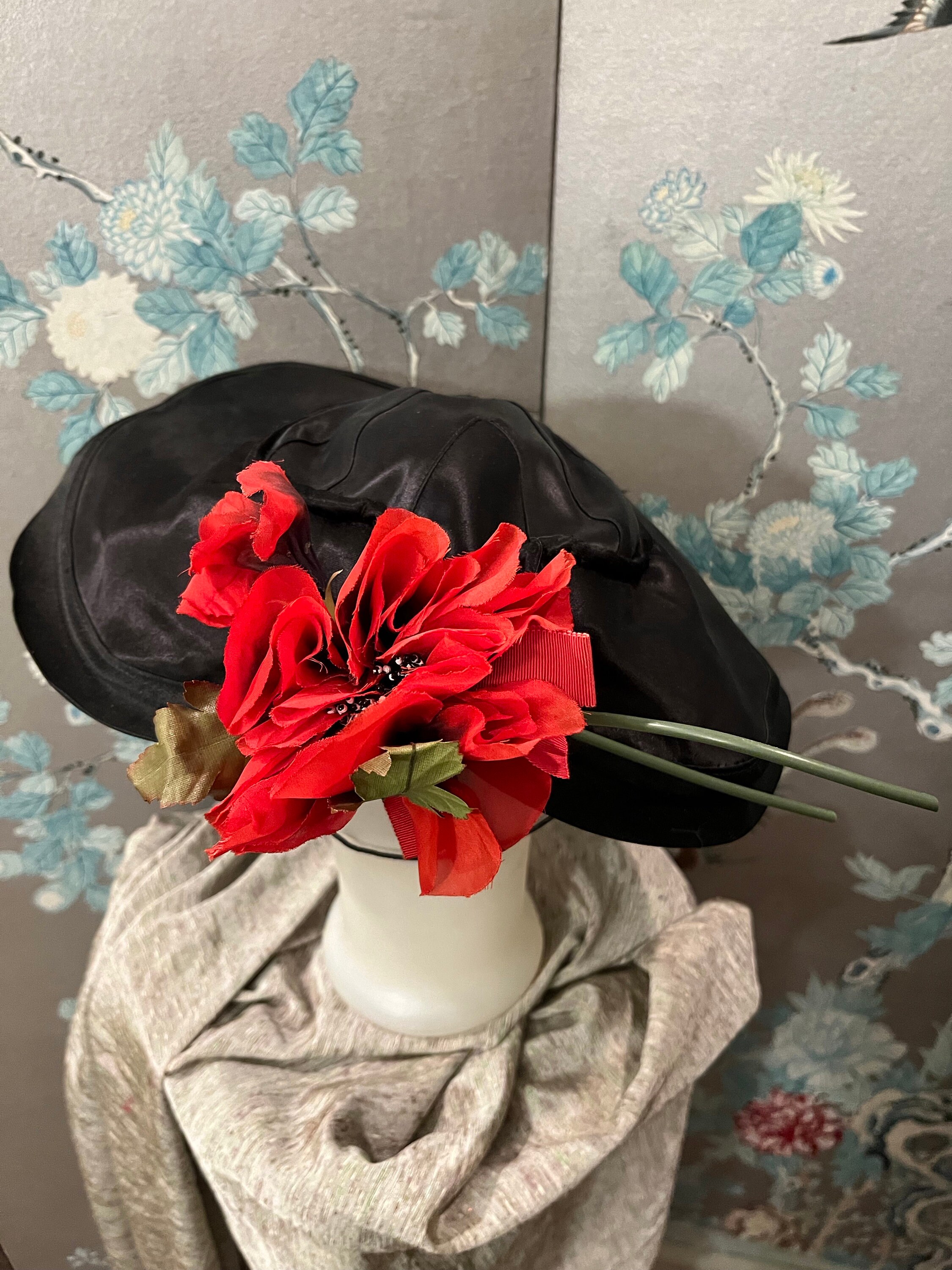 1940 Pagoda Style, Wide Brimmed, Black Satin Hat With Red Silk Flowers ...