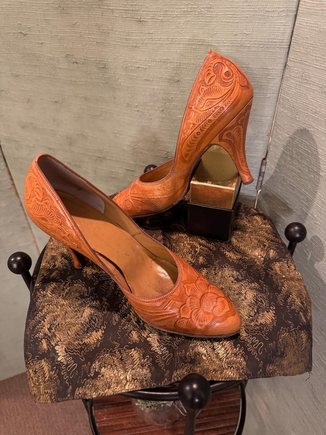 50’s Tooled Leather 4 Inch Spike Heels, Gorgeous Marked Size 6 1/2 B ...