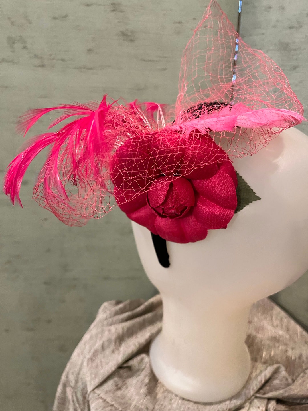 Vintage Fascinator Hat, Shocking Pink Net, Aigrette Feathers, Linen ...