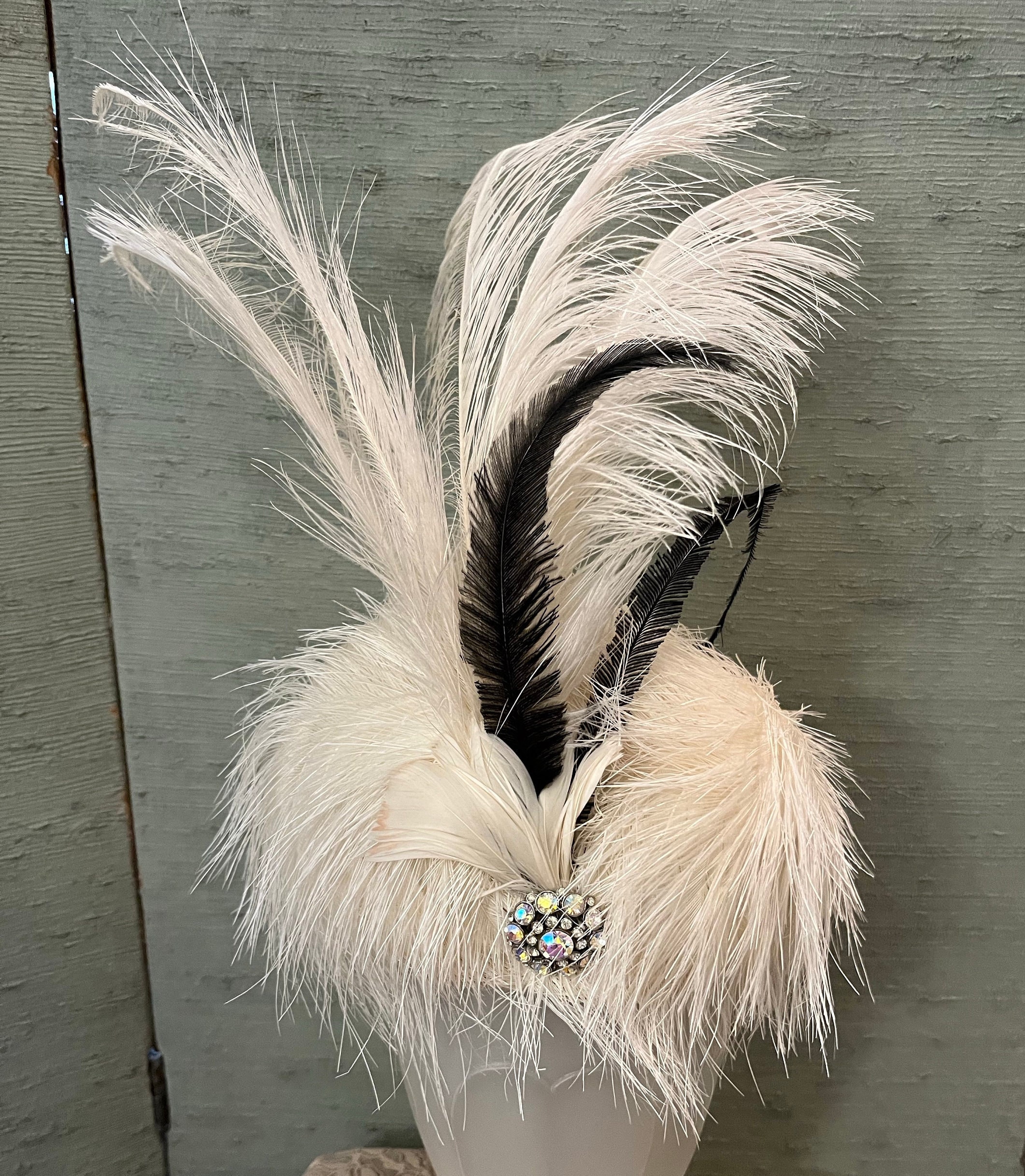 1920 Aigrette Feathered Hat, White and Black Feathers Rhinestone Pin ...