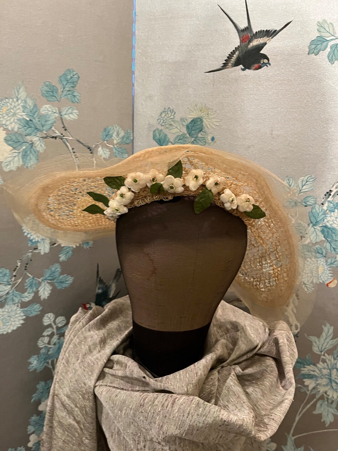 1920 Lace Like Hat, Wide on the Sides, Flat Crown, Flowers Under Brim ...