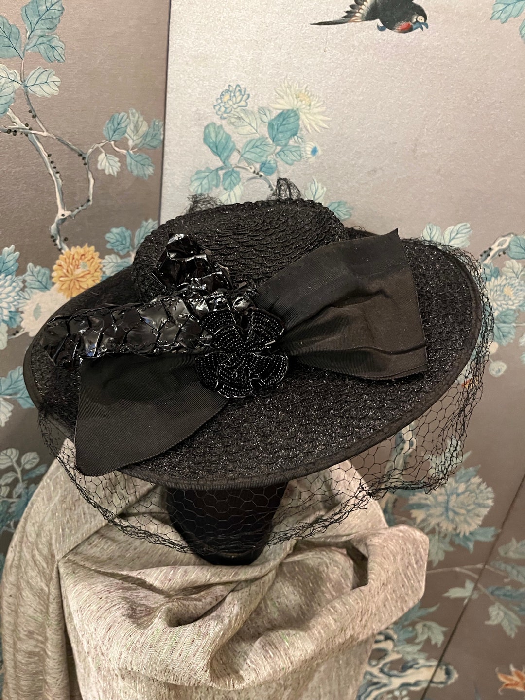 1940 Vintage, Fascinator Hat With a Wide Brim in Black Srtaw - Etsy