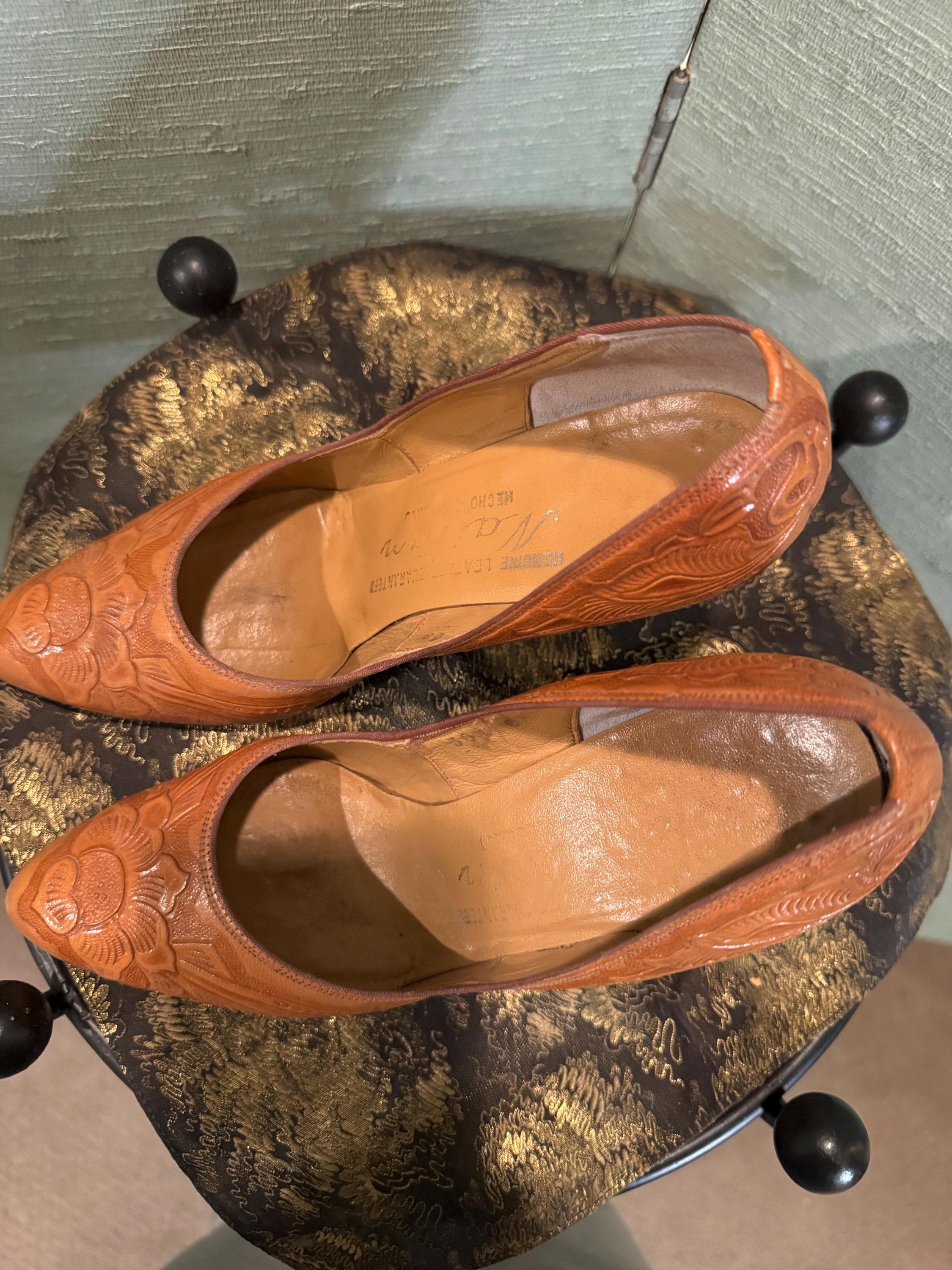 50’s Tooled Leather 4 Inch Spike Heels, Gorgeous Marked Size 6 1/2 B ...