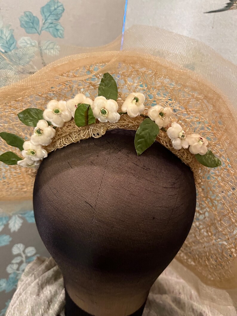 1920 Lace Like Hat, Wide on the Sides, Flat Crown, Flowers Under Brim ...