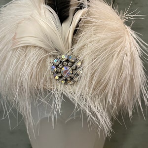 1920 Aigrette Feathered Hat, White and Black Feathers Rhinestone Pin ...