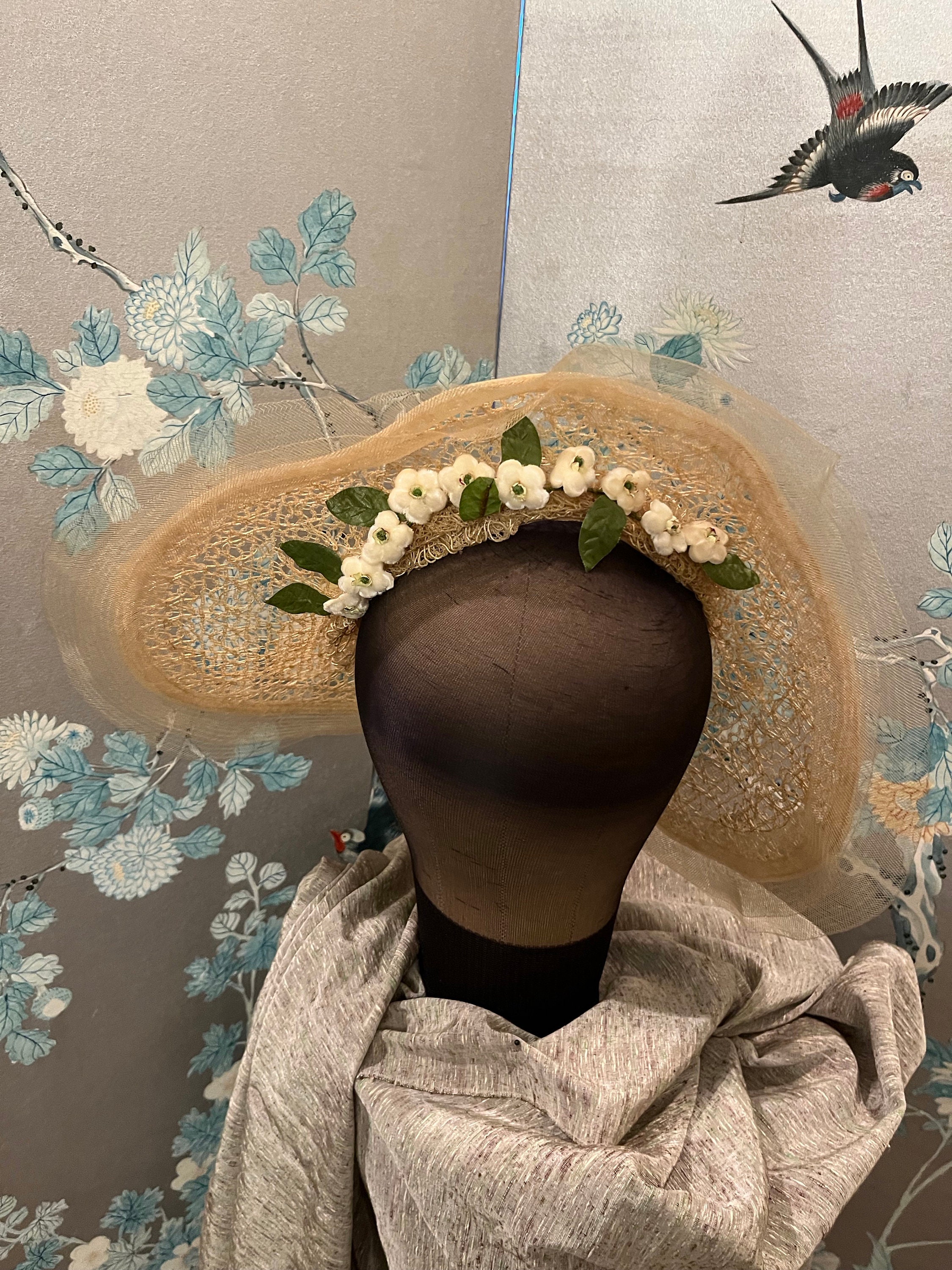 1920 Lace Like Hat, Wide on the Sides, Flat Crown, Flowers Under Brim ...