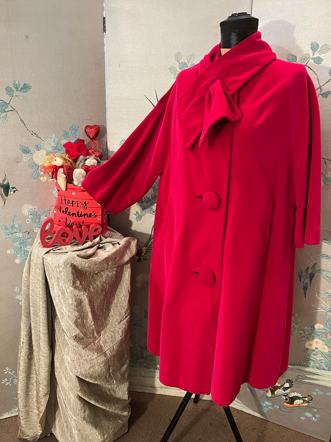 1960 Vintage, Red Velvet Coat, 2 1/2 “, Covered Buttons, Neck Scarf - Etsy