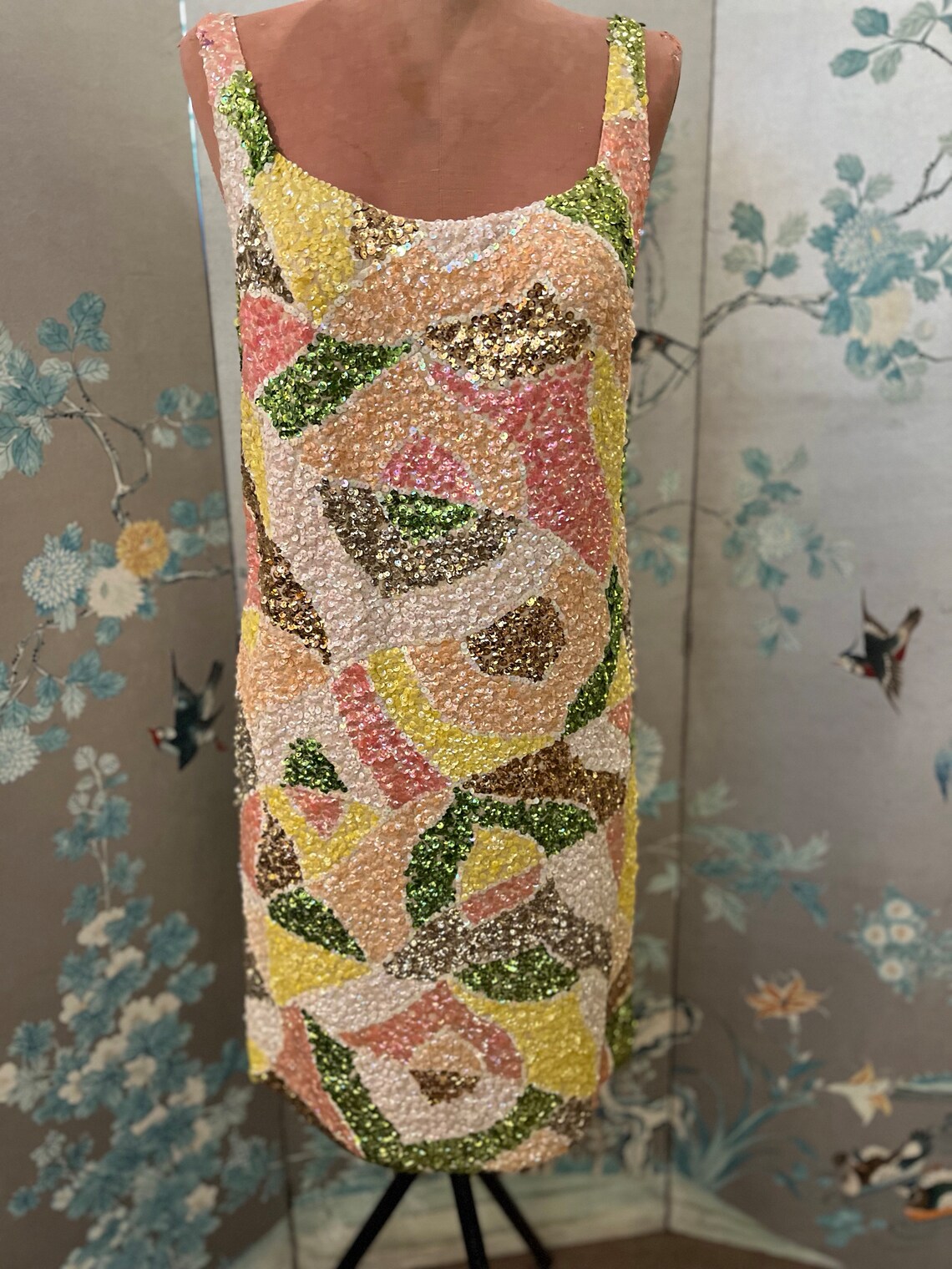 1960’s Disco Dress; Sequins on Knit, Base Dress, Nylon and Lace Slip ...
