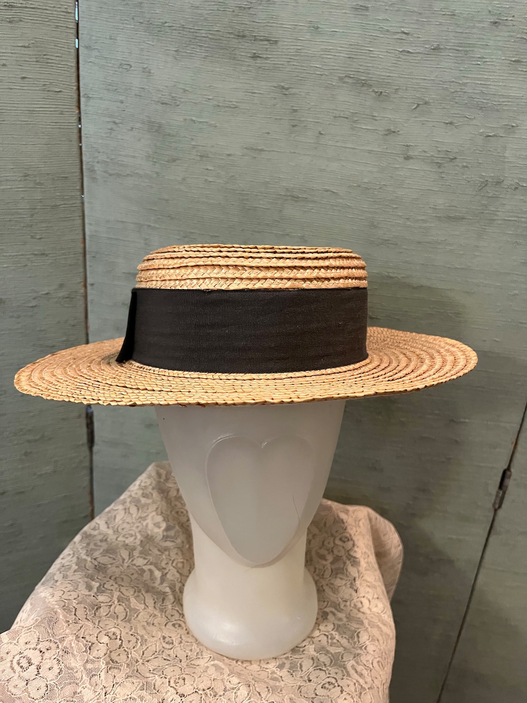 1920 Straw Boater Hat, Black Grosgrain Ribbon Band - Etsy