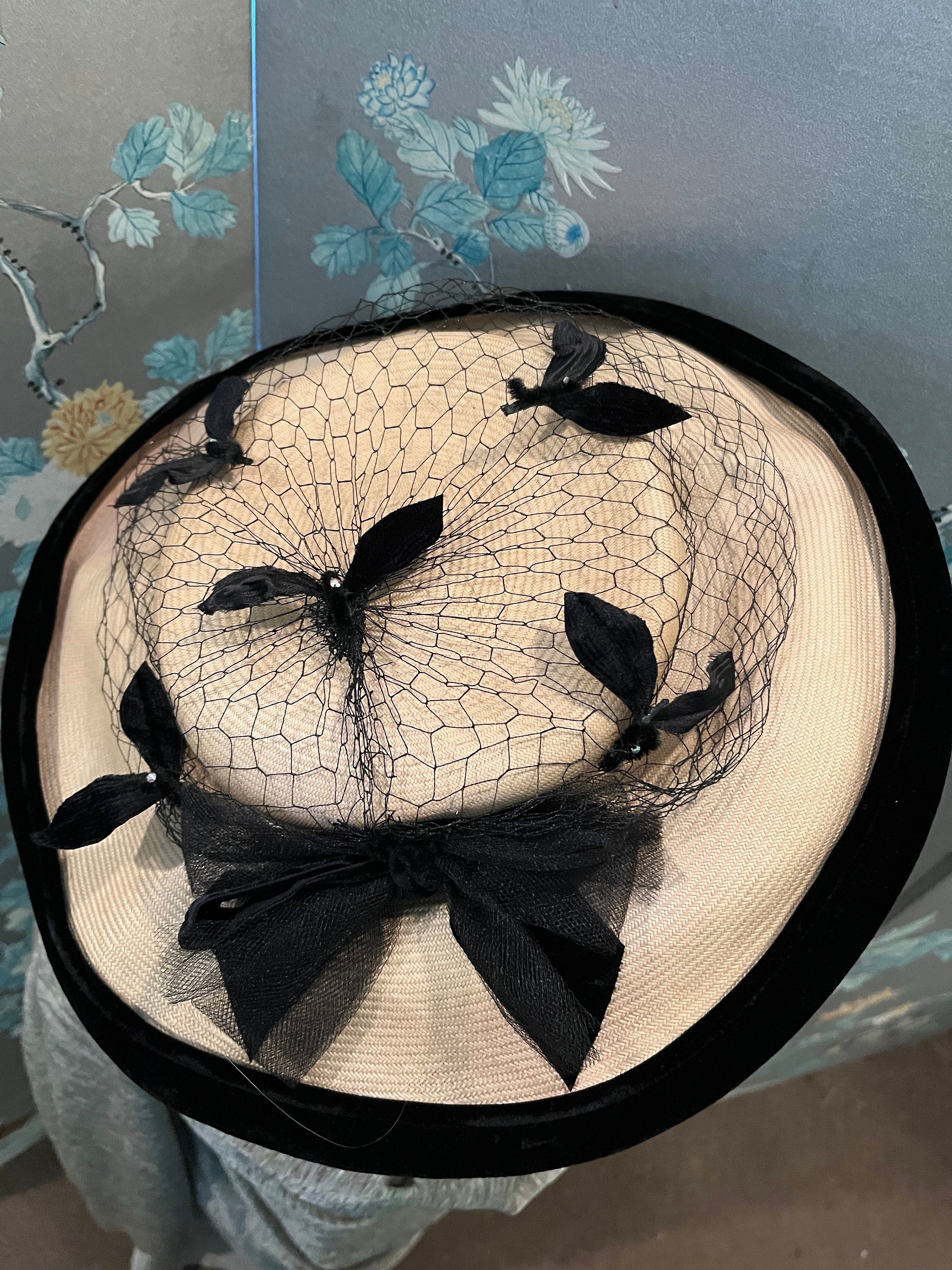 1940 Fascinator, Wide Brimmed, Straw and Black Velvet, Netting - Etsy