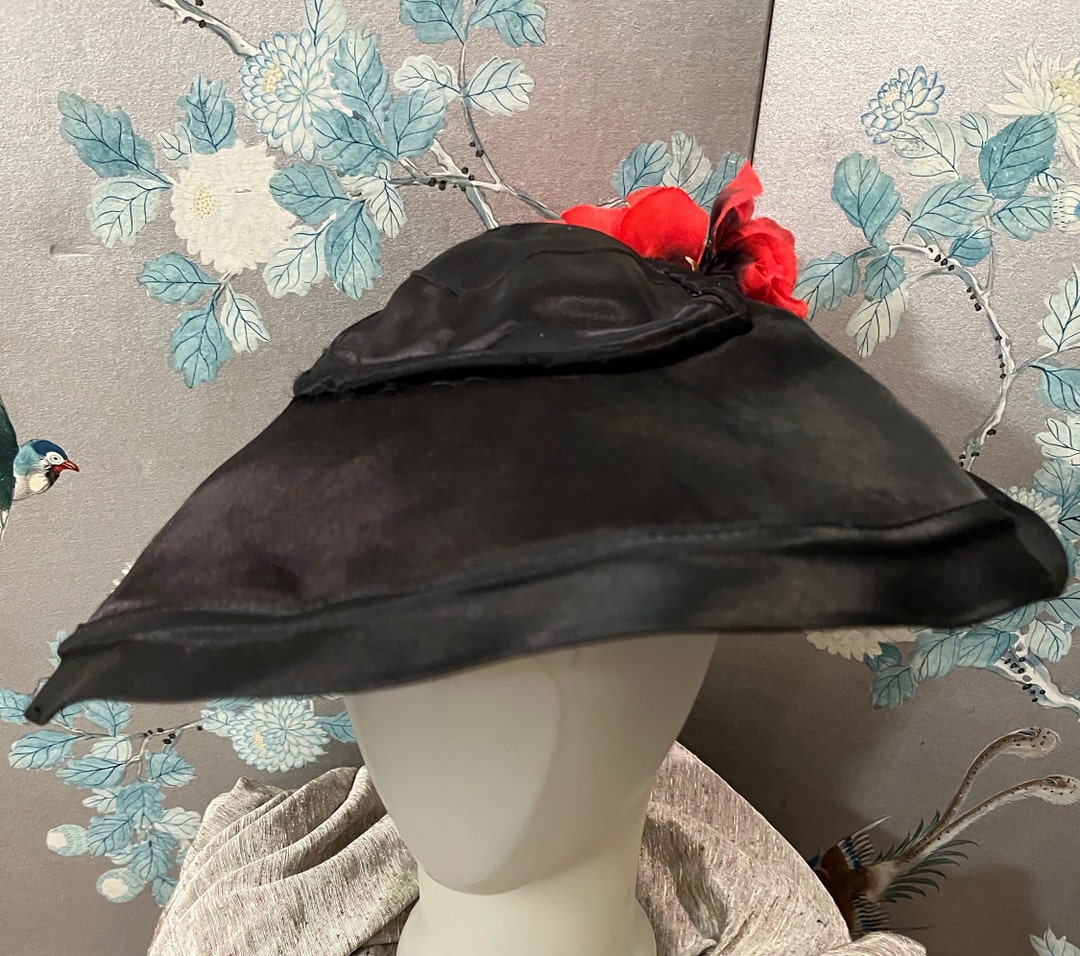 1940 Pagoda Style, Wide Brimmed, Black Satin Hat With Red Silk Flowers ...