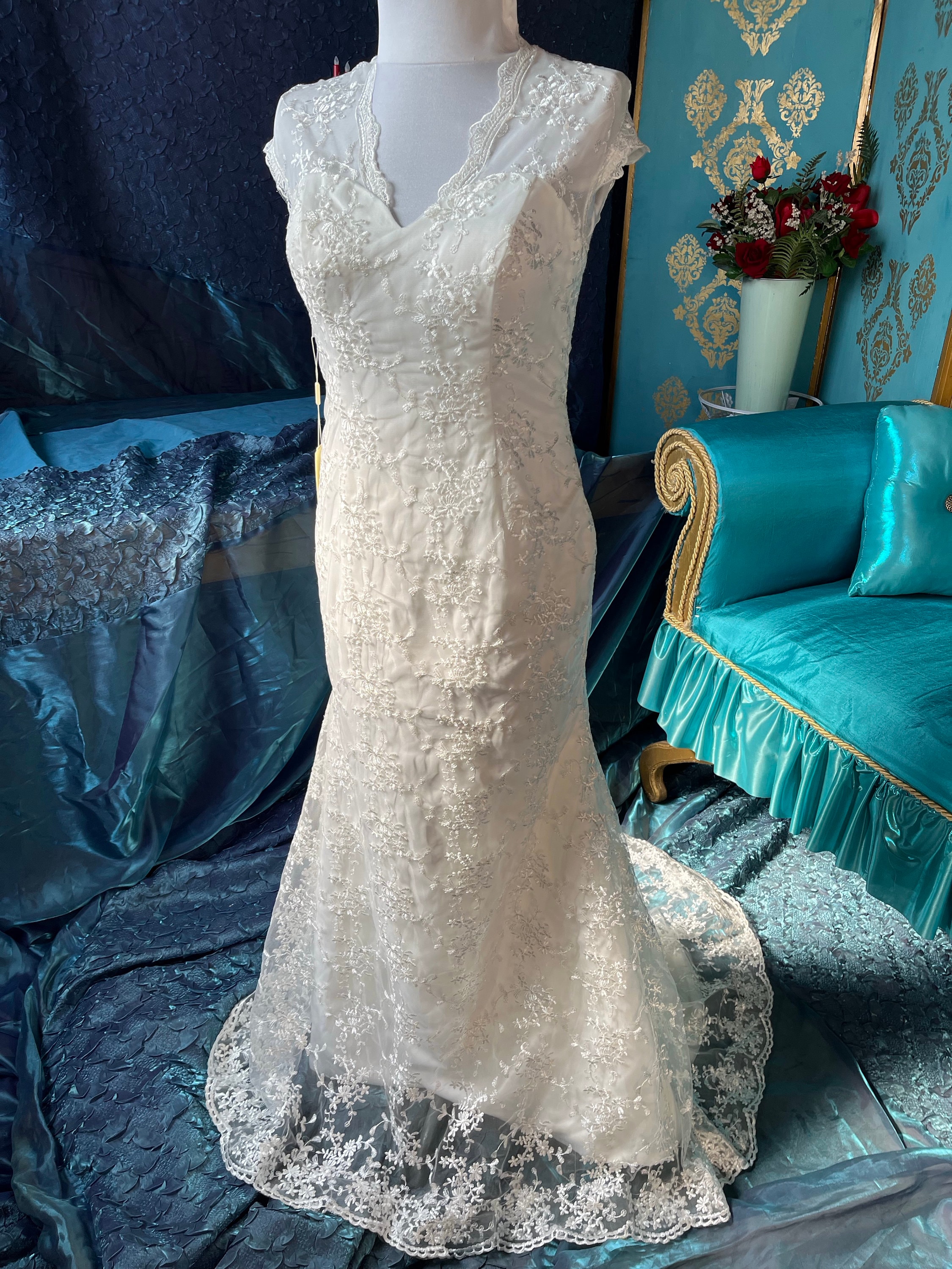 70’s New, “AZDRESS” Label, Wedding Dress, Embroidered Nylon Tulle ...