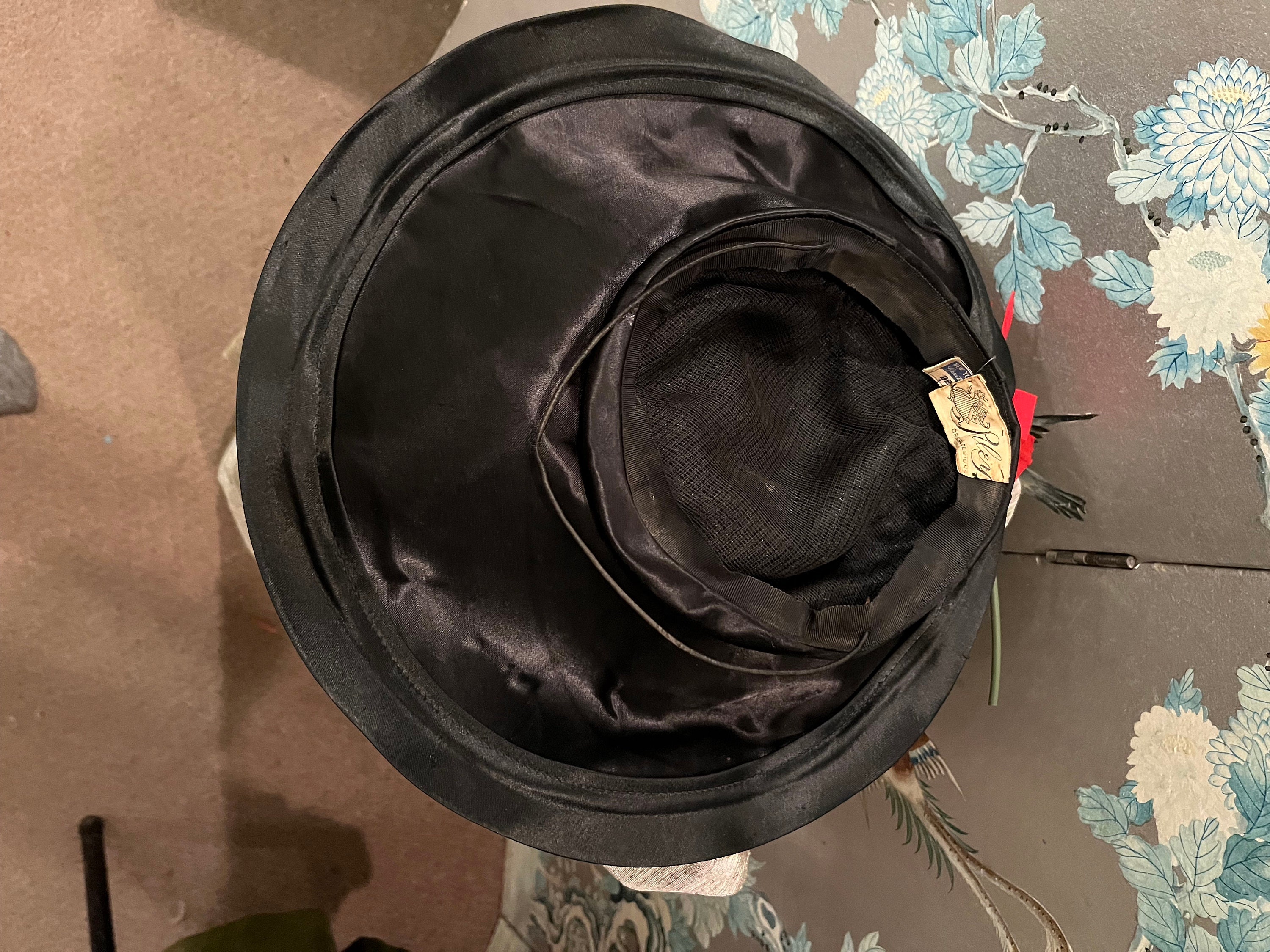 1940 Pagoda Style, Wide Brimmed, Black Satin Hat With Red Silk Flowers ...