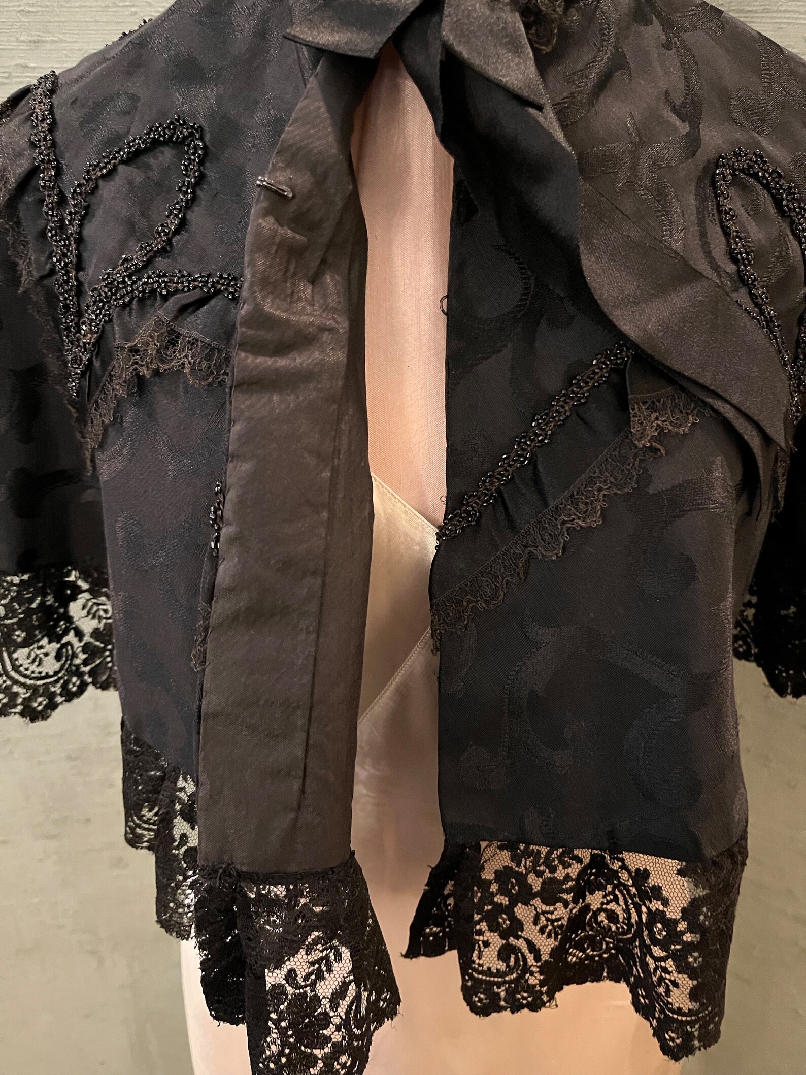 1800 Half Cape in Black Silk, Beaded, Brocade With Lace Trim - Etsy