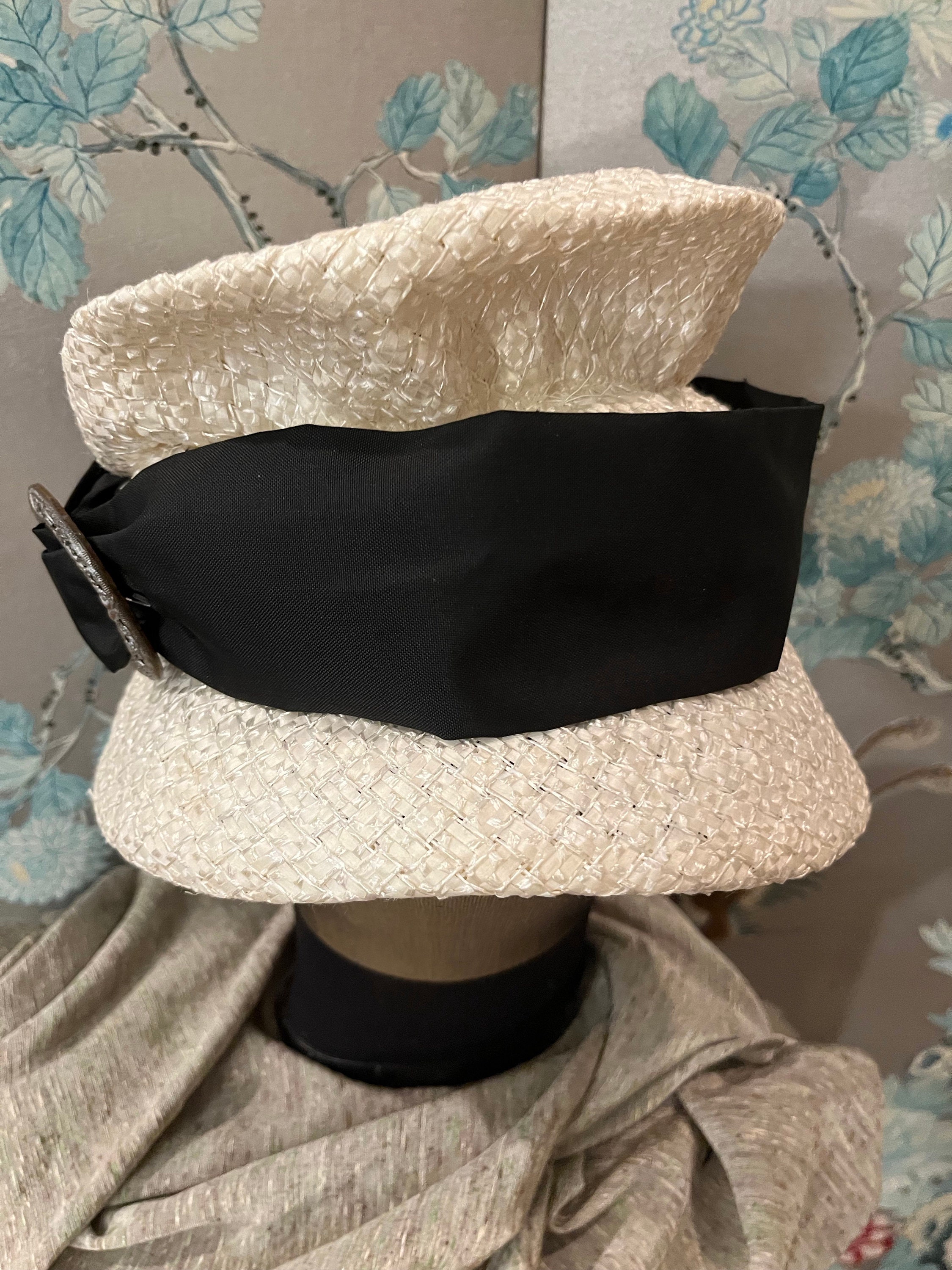 1960 Vintage, White Straw Scrunched Style Hat With Black Belt and ...