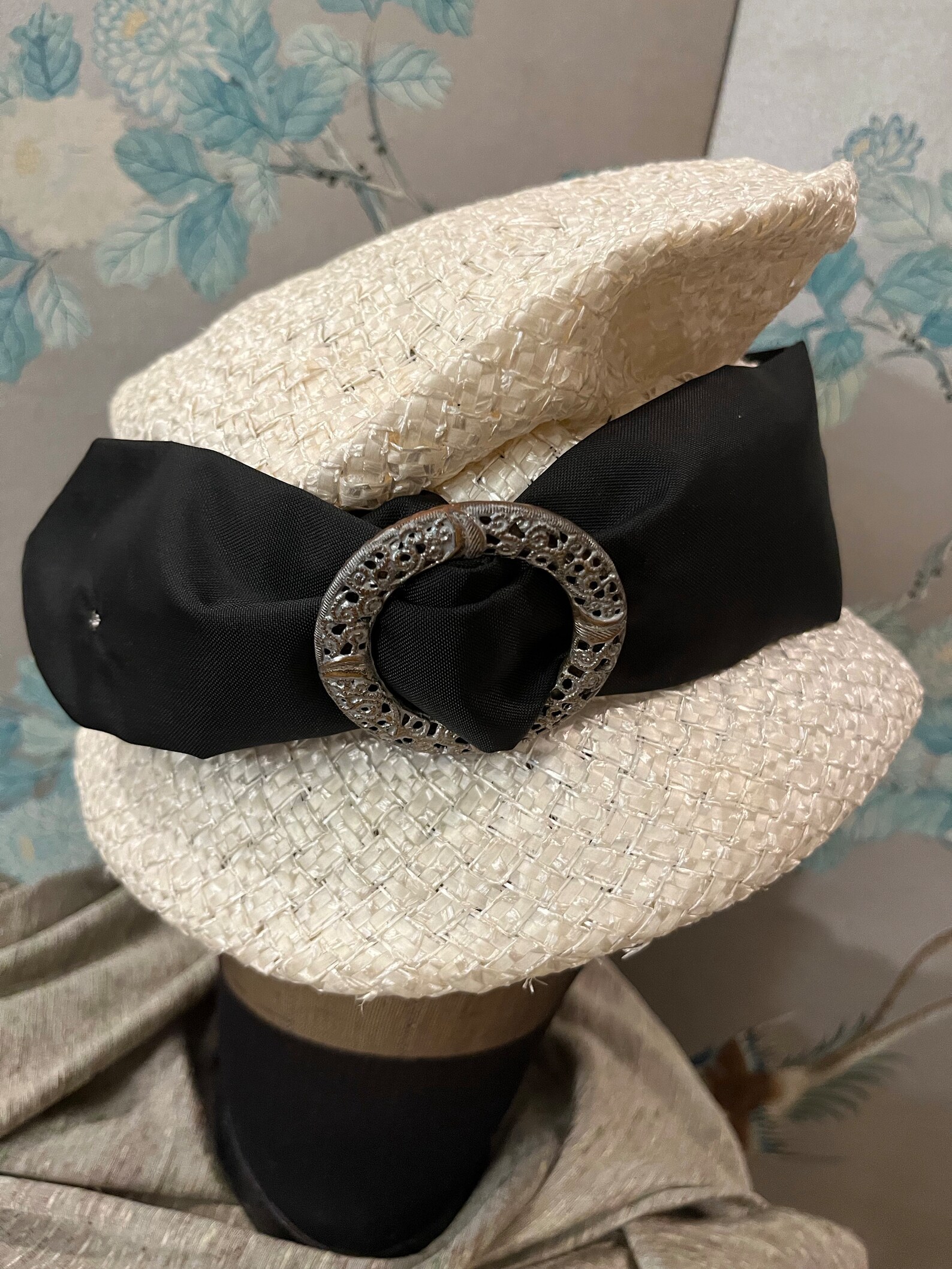 1960 Vintage, White Straw Scrunched Style Hat With Black Belt and ...