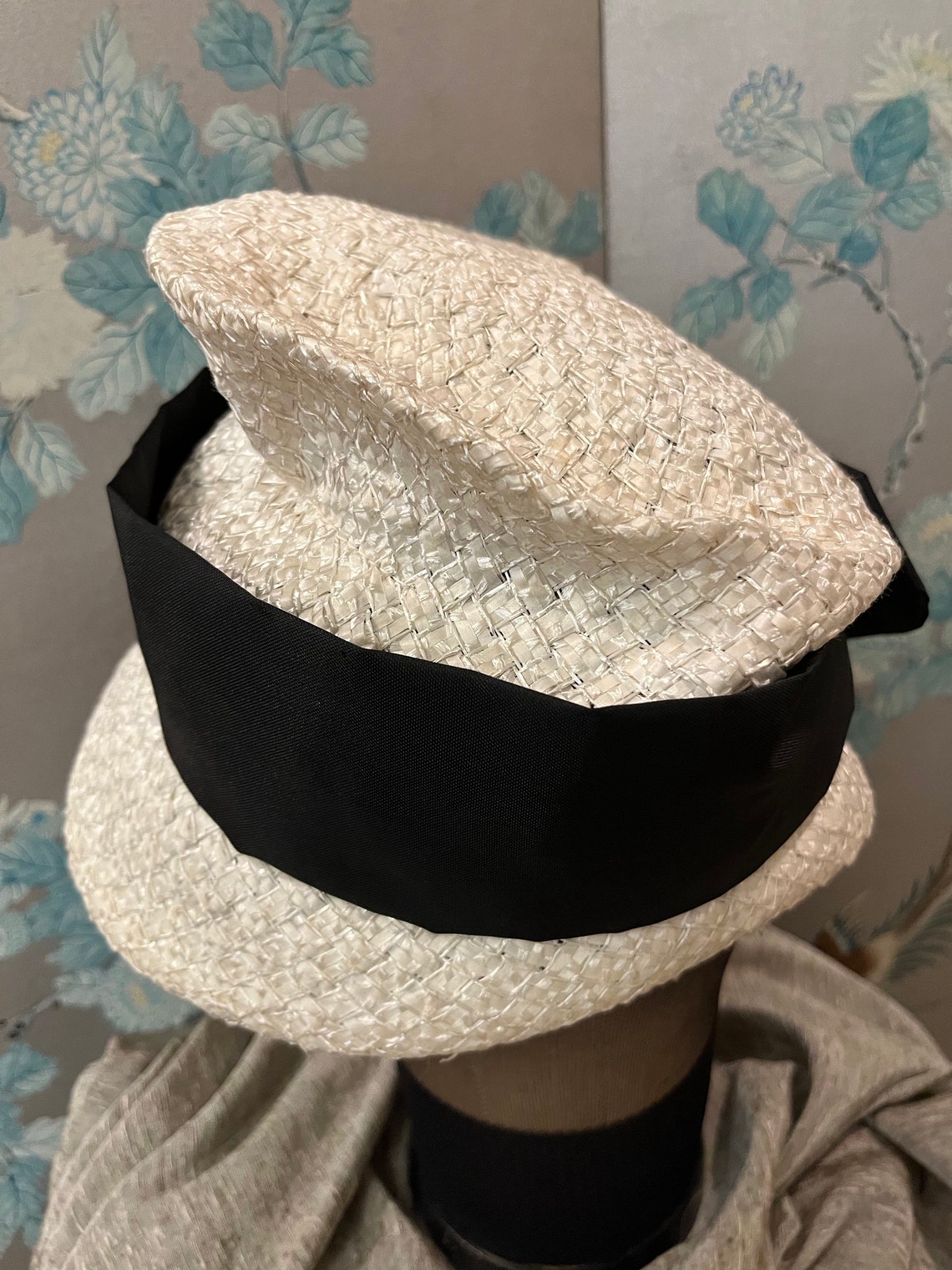 1960 Vintage, White Straw Scrunched Style Hat With Black Belt and ...