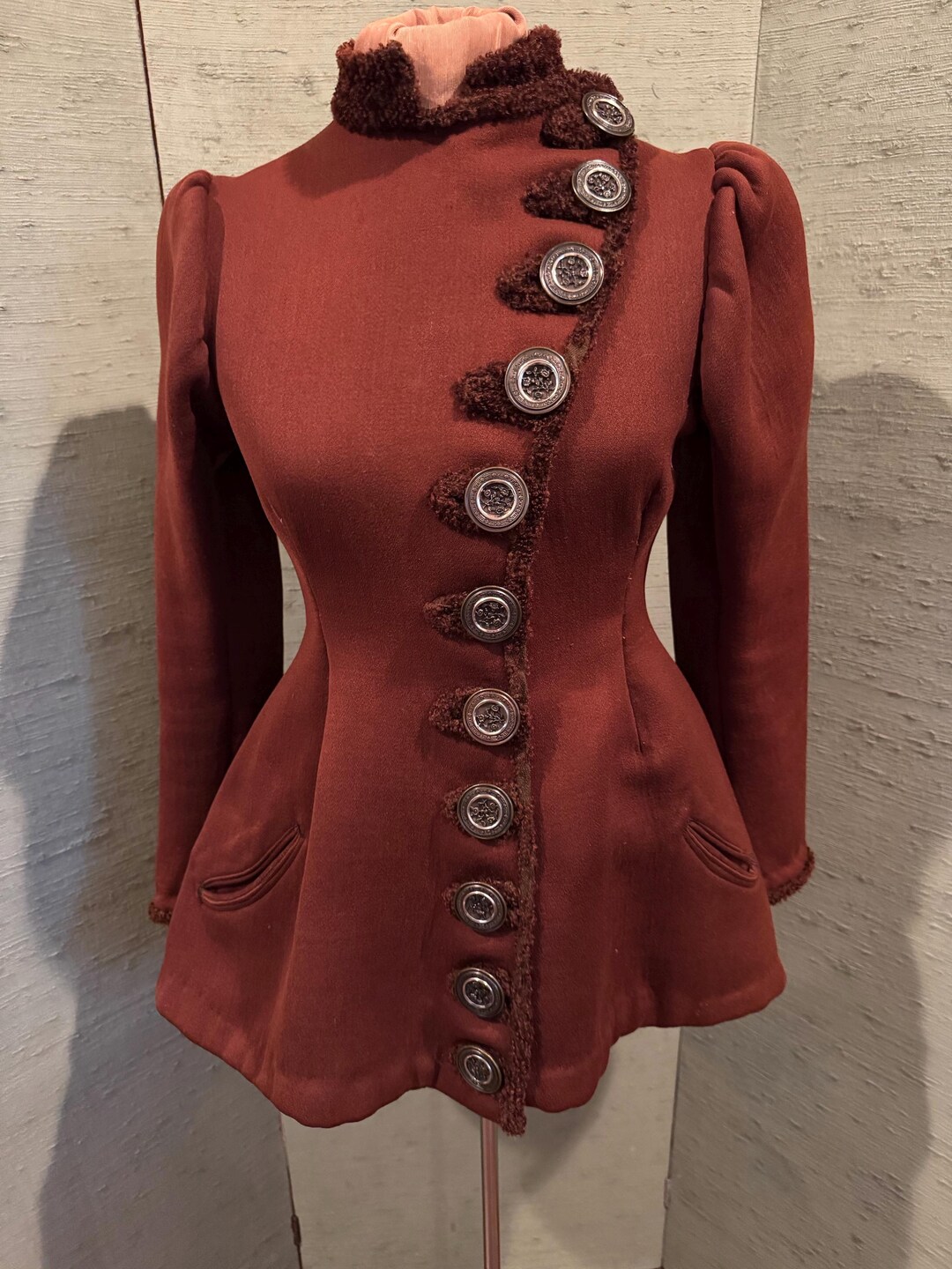Victorian Jacket in Rust Colored Heavy Wool With, Brown, Faux Lamb’s ...