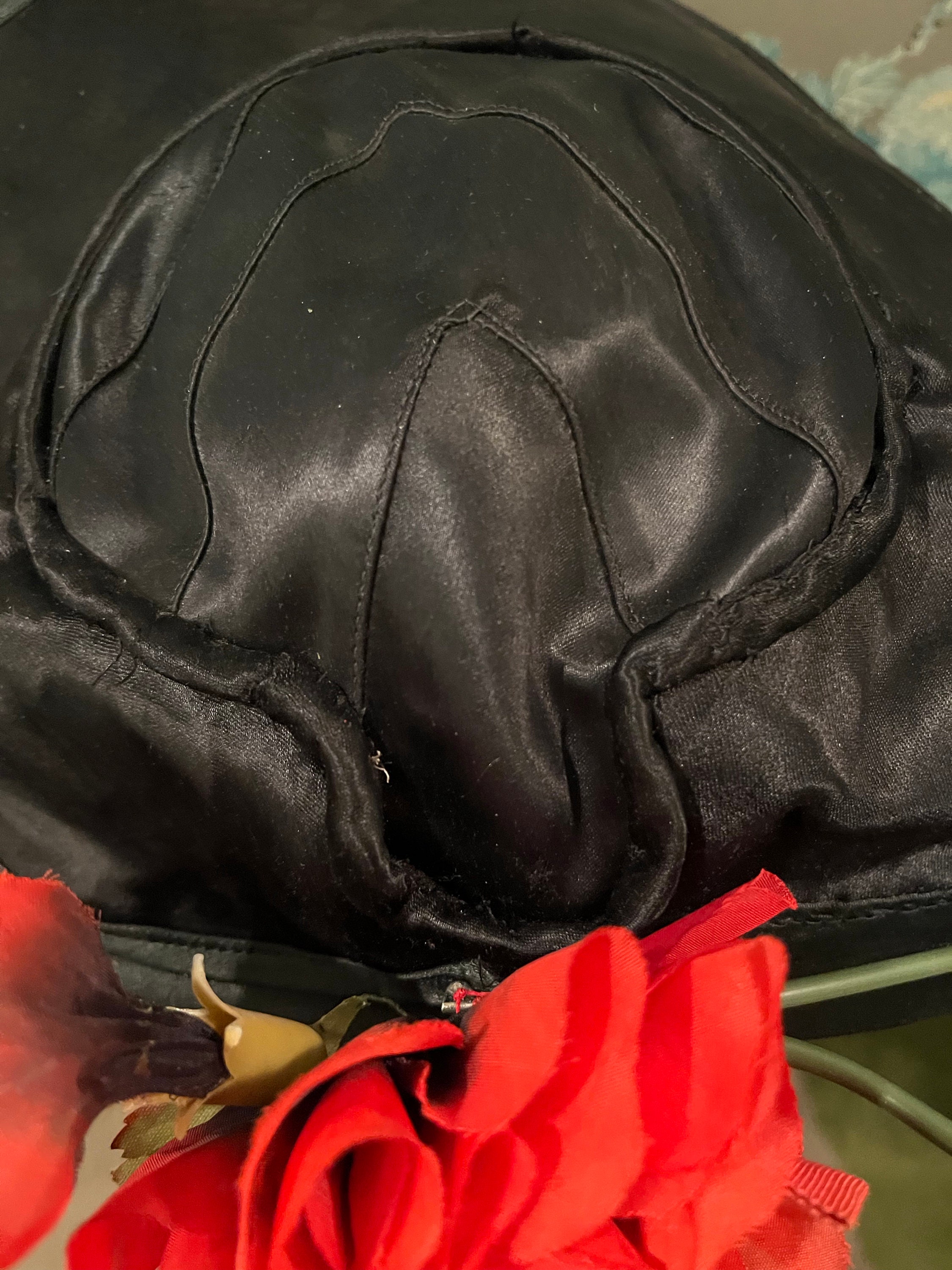 1940 Pagoda Style, Wide Brimmed, Black Satin Hat With Red Silk Flowers ...