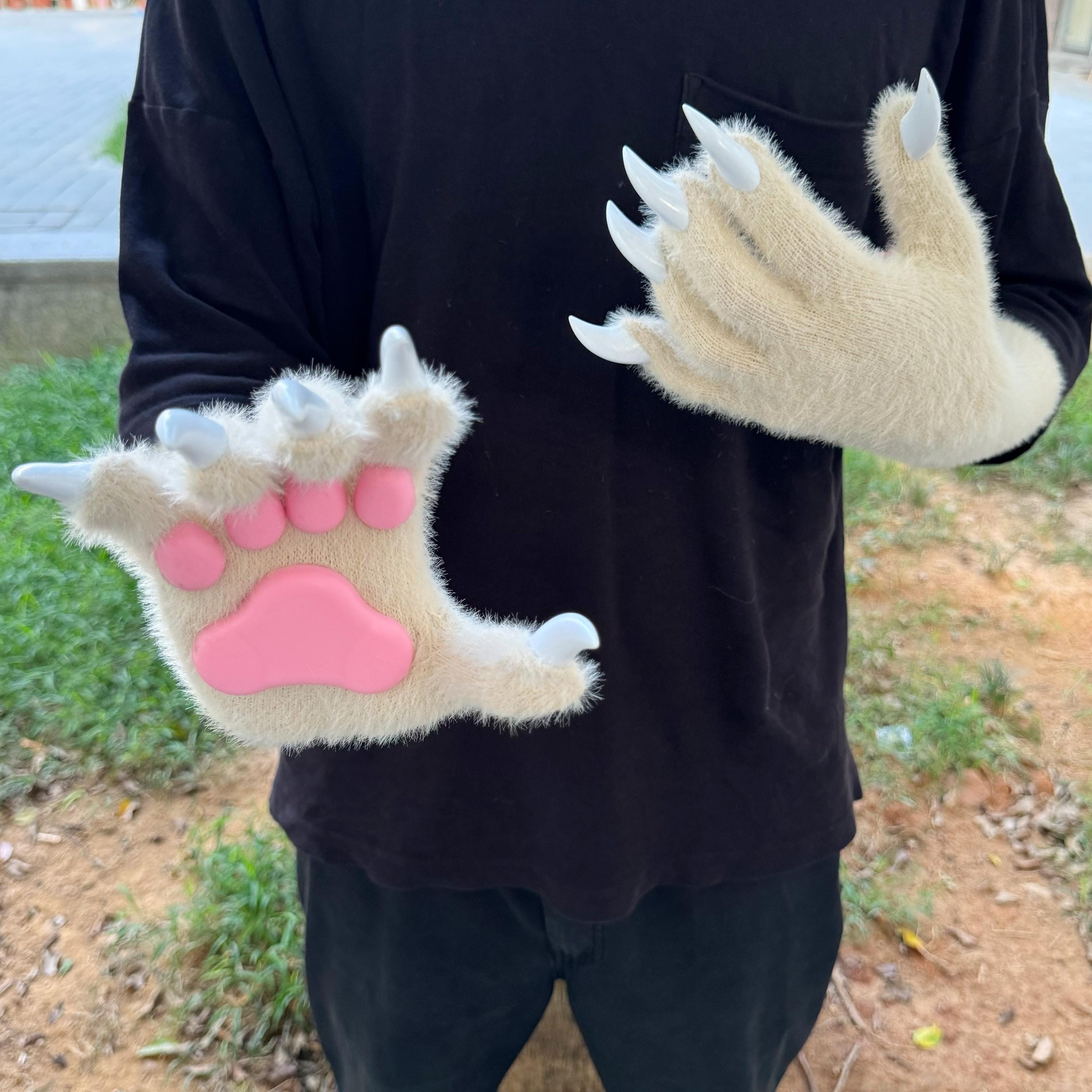 Cute Furry Paw Gloves, Long Animal Cosplay Paws in Black White Khaki ...
