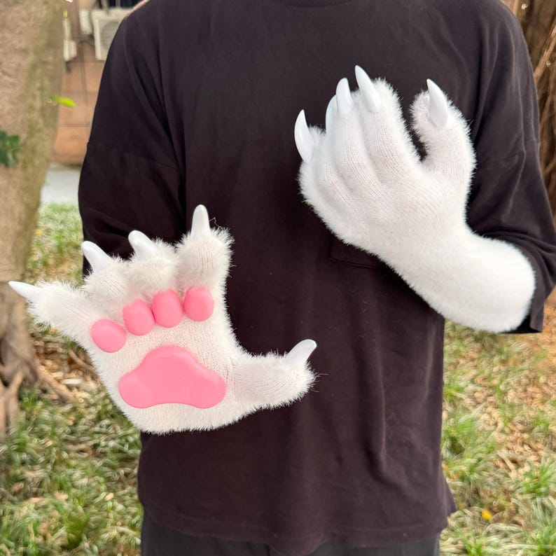 Cute Furry Paw Gloves, Long Animal Cosplay Paws in Black White Khaki ...