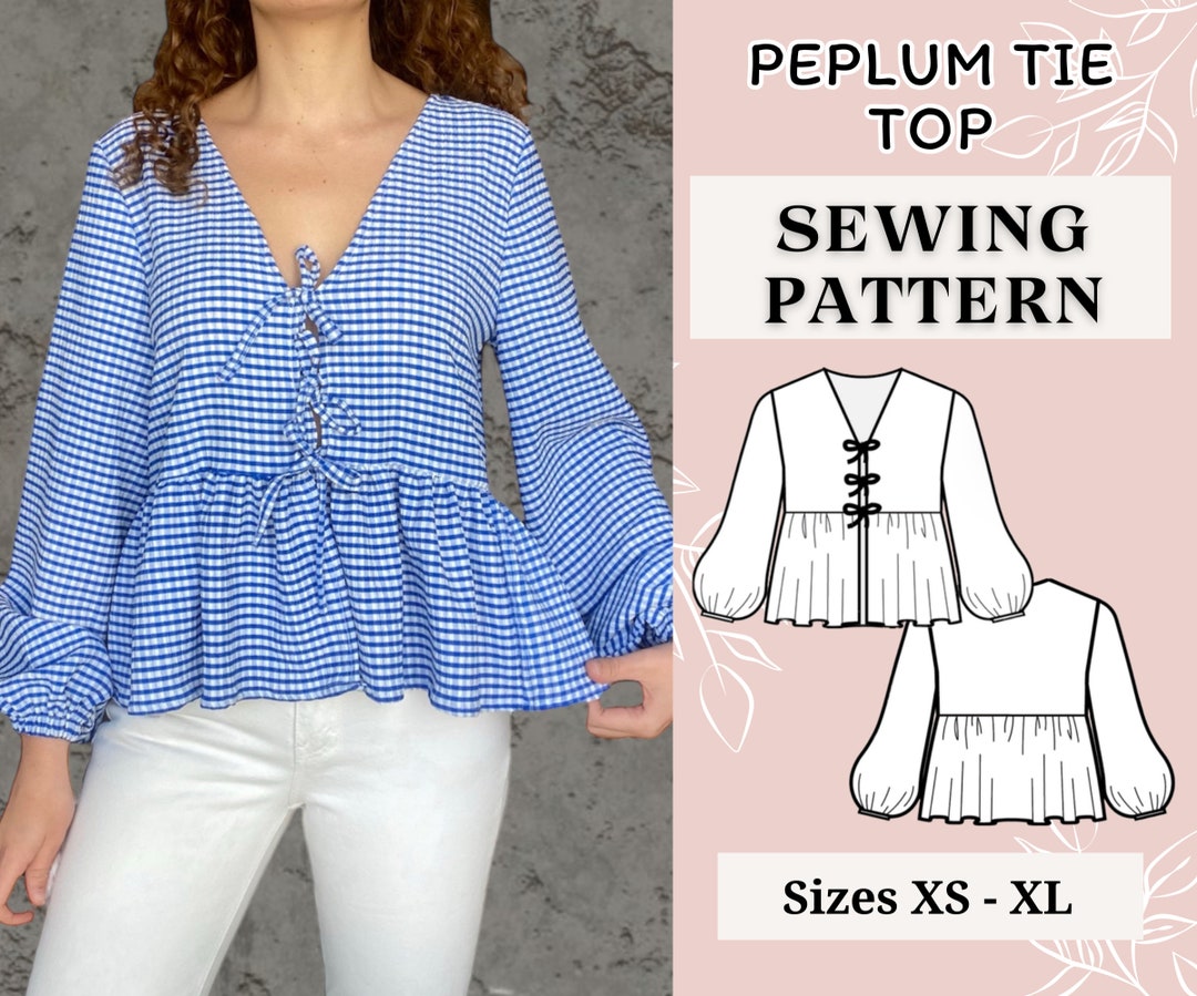 Women Top Pattern | Pdf Sewing Pattern | Puffed Sleeve Peplum Tie Top ...